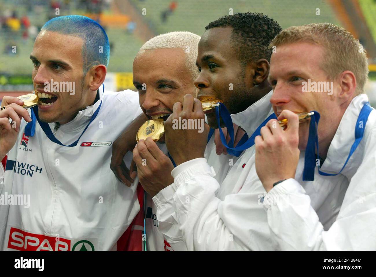 Britain's 4x400 meters relay team, from left: Matt Elias, Jamie Baulch ...
