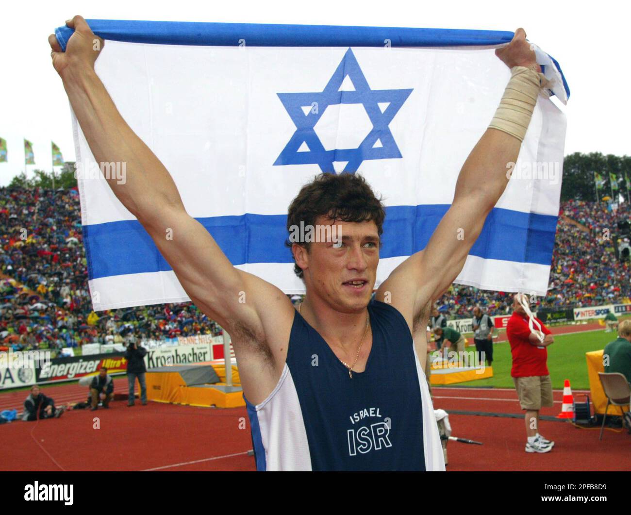 Israel's Alex Averbukh celebrates after winning the pole vault at the ...
