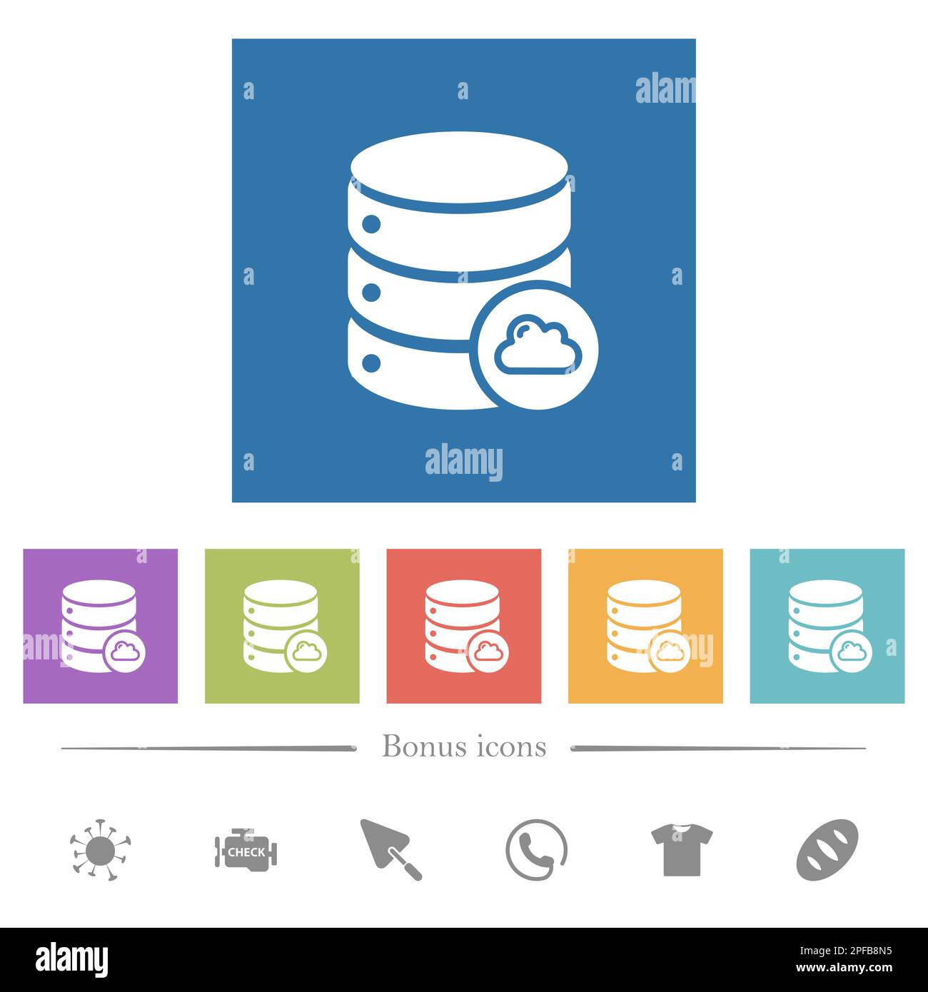 Cloud database flat white icons in square backgrounds. 6 bonus icons ...