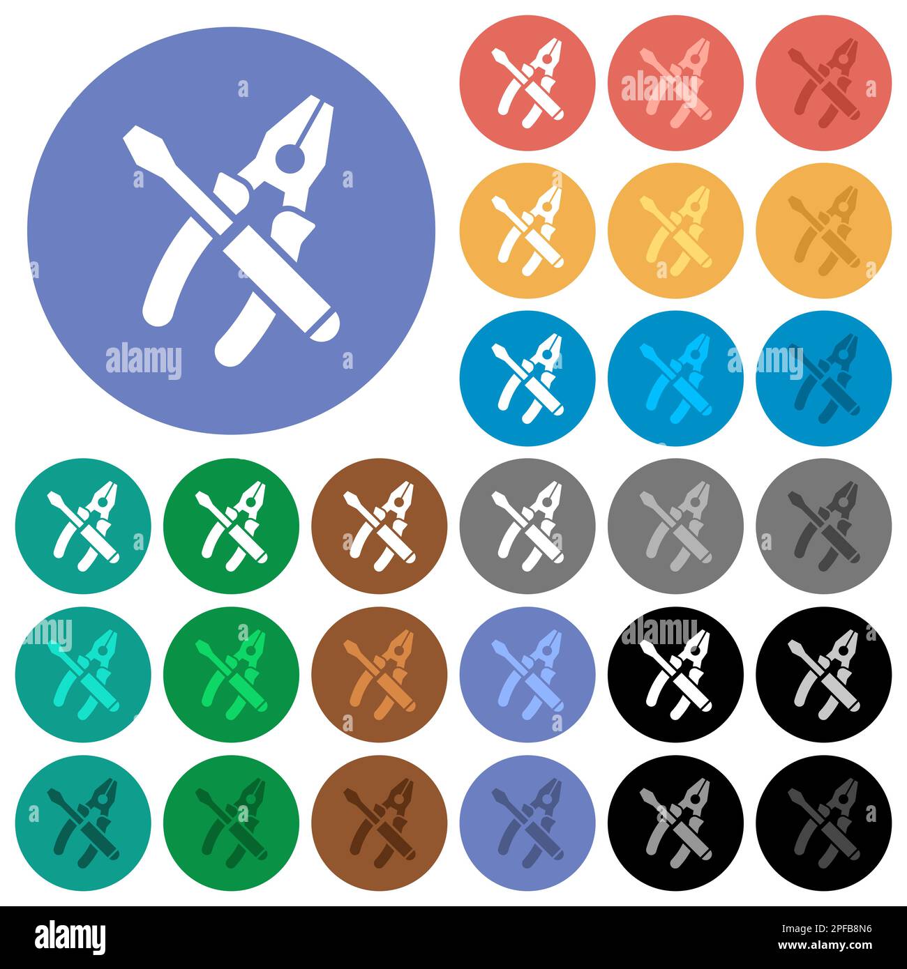 Combined pliers and screwdriver multi colored flat icons on round ...