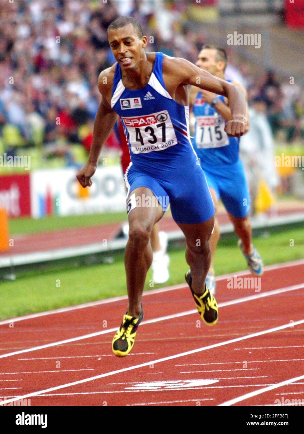 France's Stephane Diagana crosses the finish line to win the 400m ...