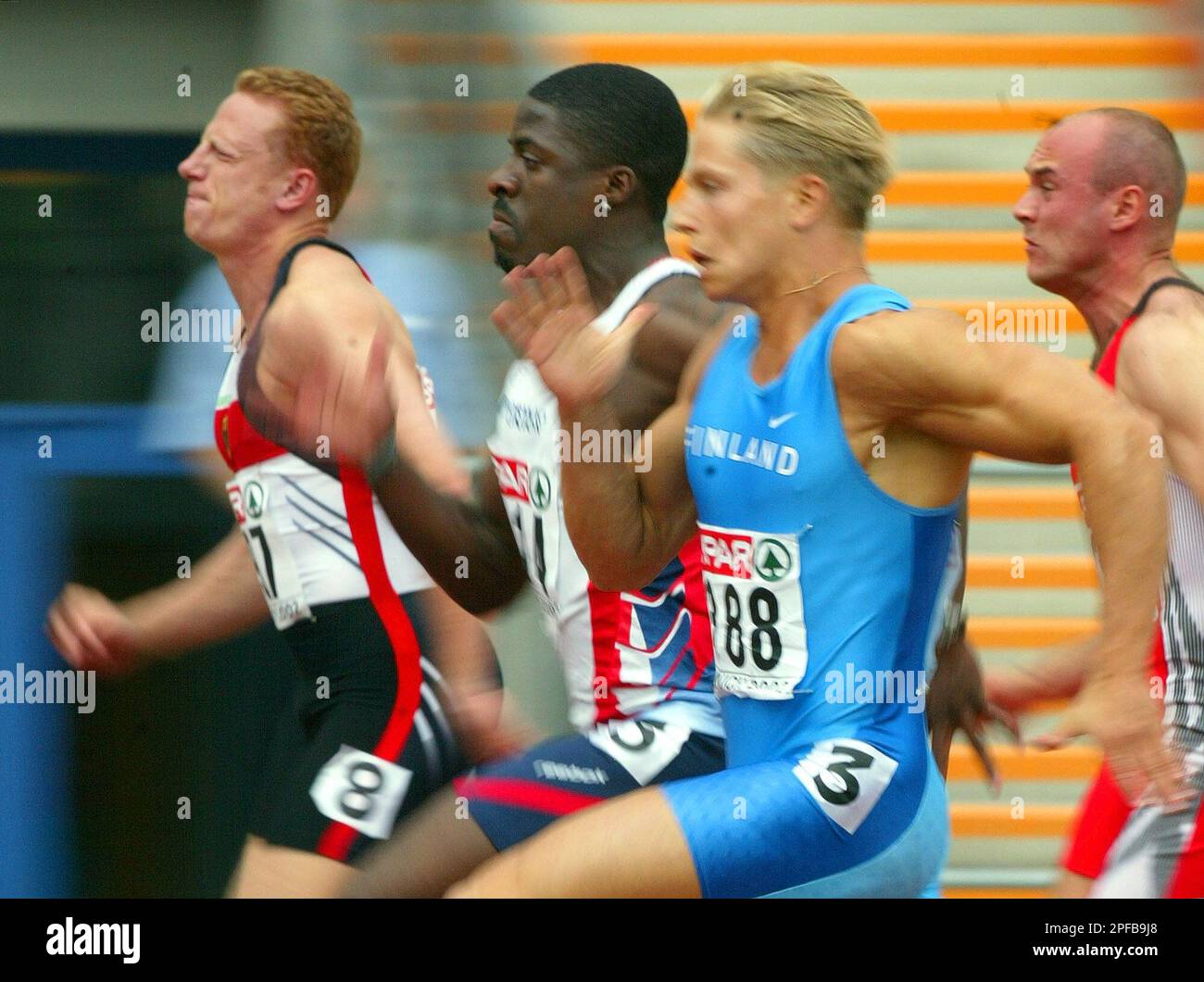 Germany's Marc Blume, left, Britain's Dwain Chambers, center, and ...