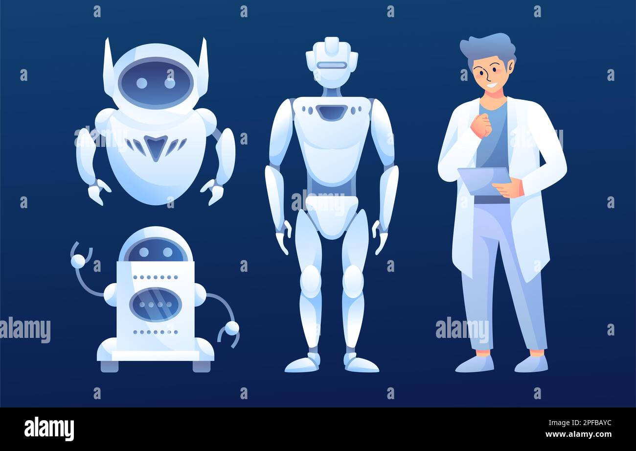 Set of cute robots and cartoon design vector. AI technology and cyber ...