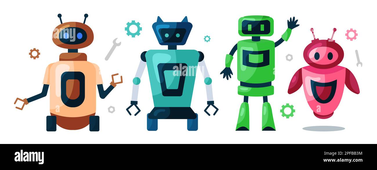 Set Of Cute Robots Chatbots Ai Bots Characters Design Vector Ai Technology And Cyber