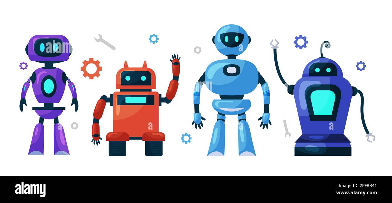 Set Of Cute Robots Chatbots Ai Bots Characters Design Vector Ai Technology And Cyber