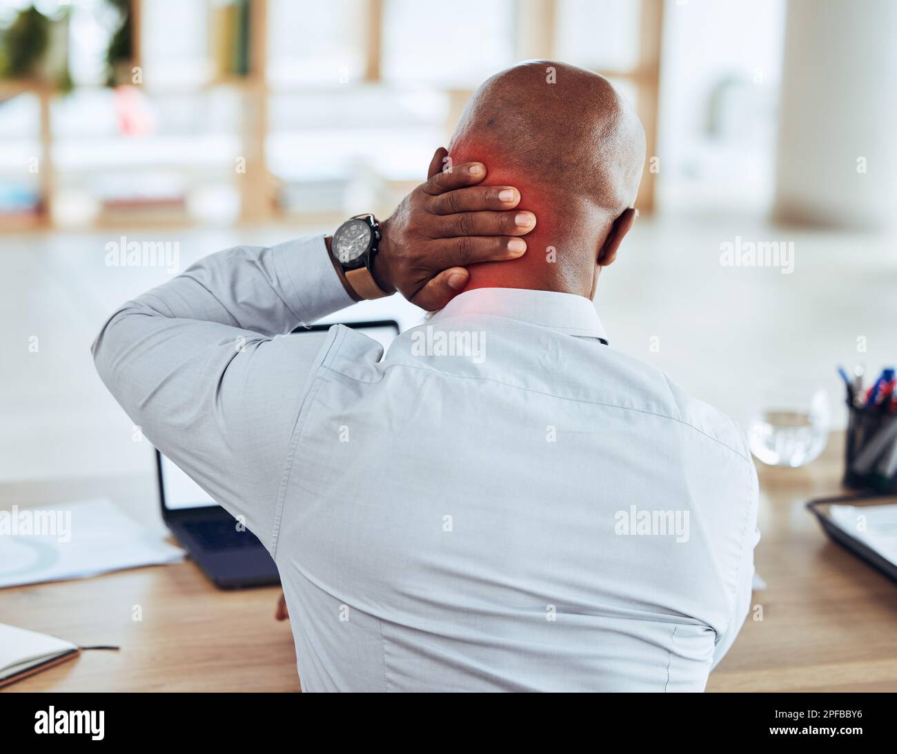 Neck pain, red and back of business man in office with joint injury ...