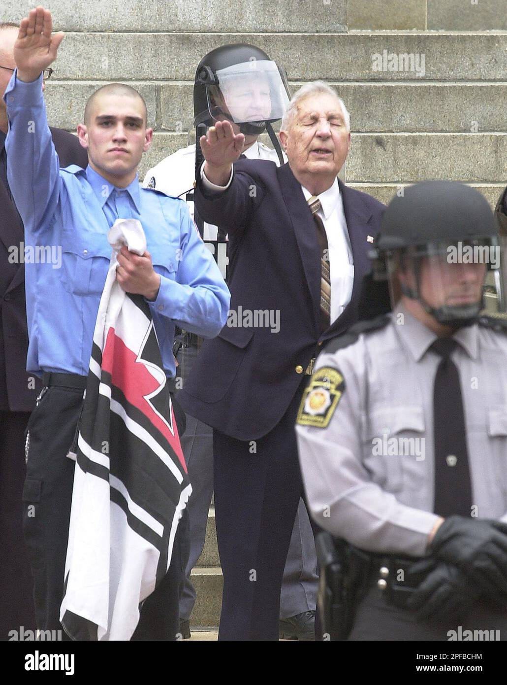 Richard Butler, 84, right, founder and leader of the Idaho-based Aryan ...