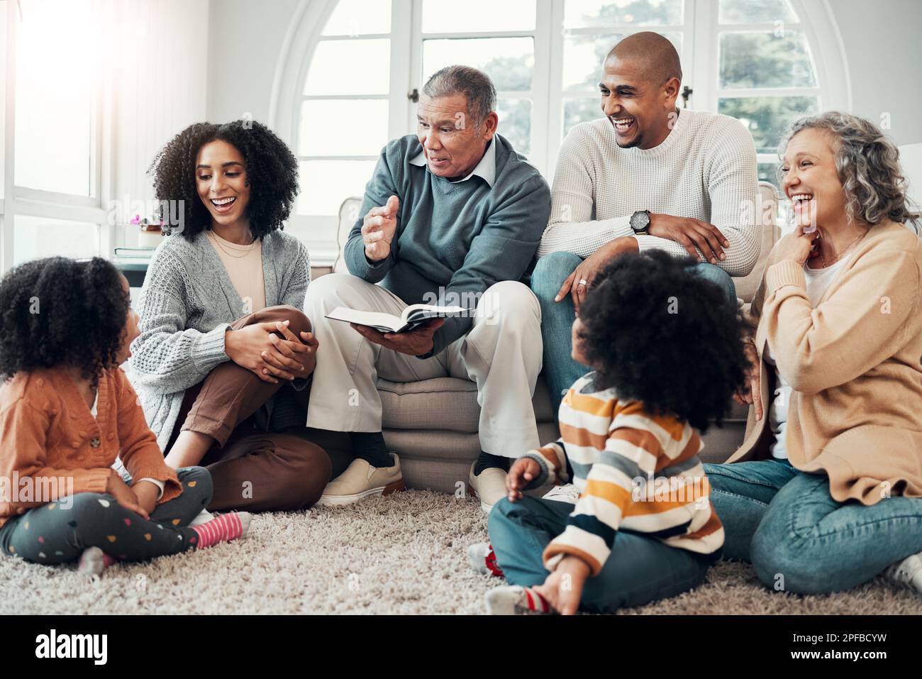 Family relax, wow with fantasy and reading book, grandparents with ...