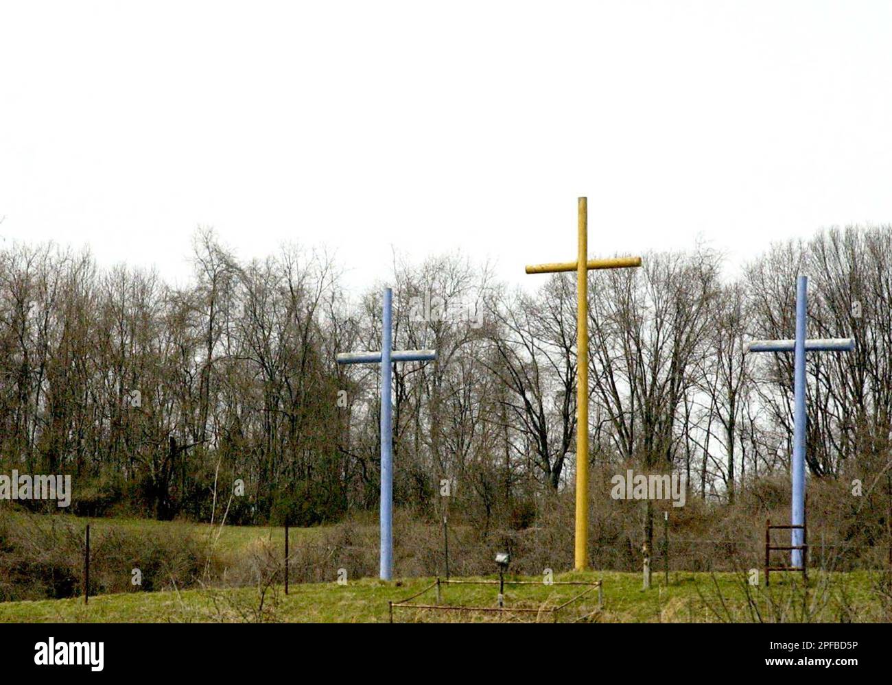 Three crosses along U.S. Route 50 near Clarksburg, W.Va., are shown ...
