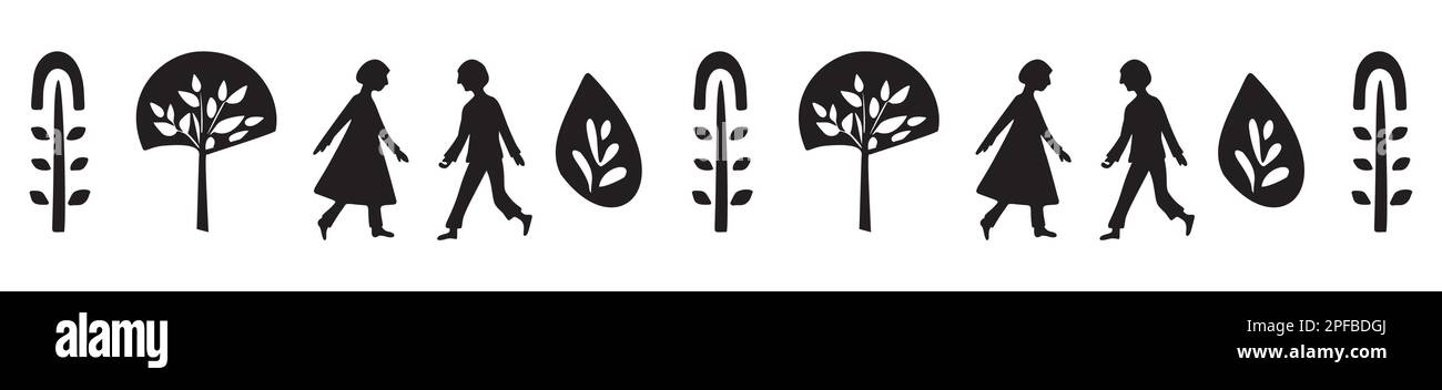 Border of figures and trees for scandi stripe. people in woodland ...
