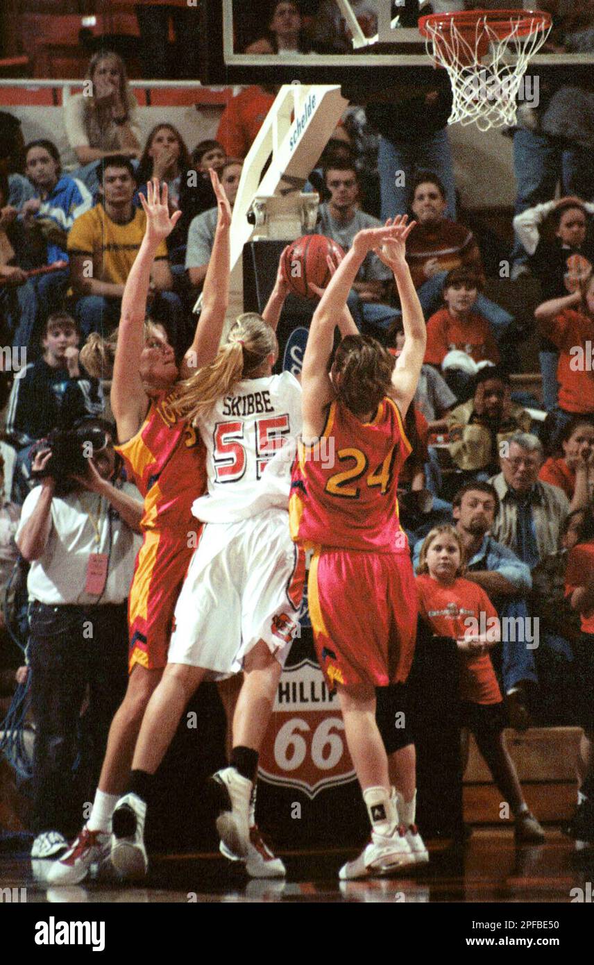 Oklahoma State center Trisha Skibbe (55) goes up for the game-winning ...