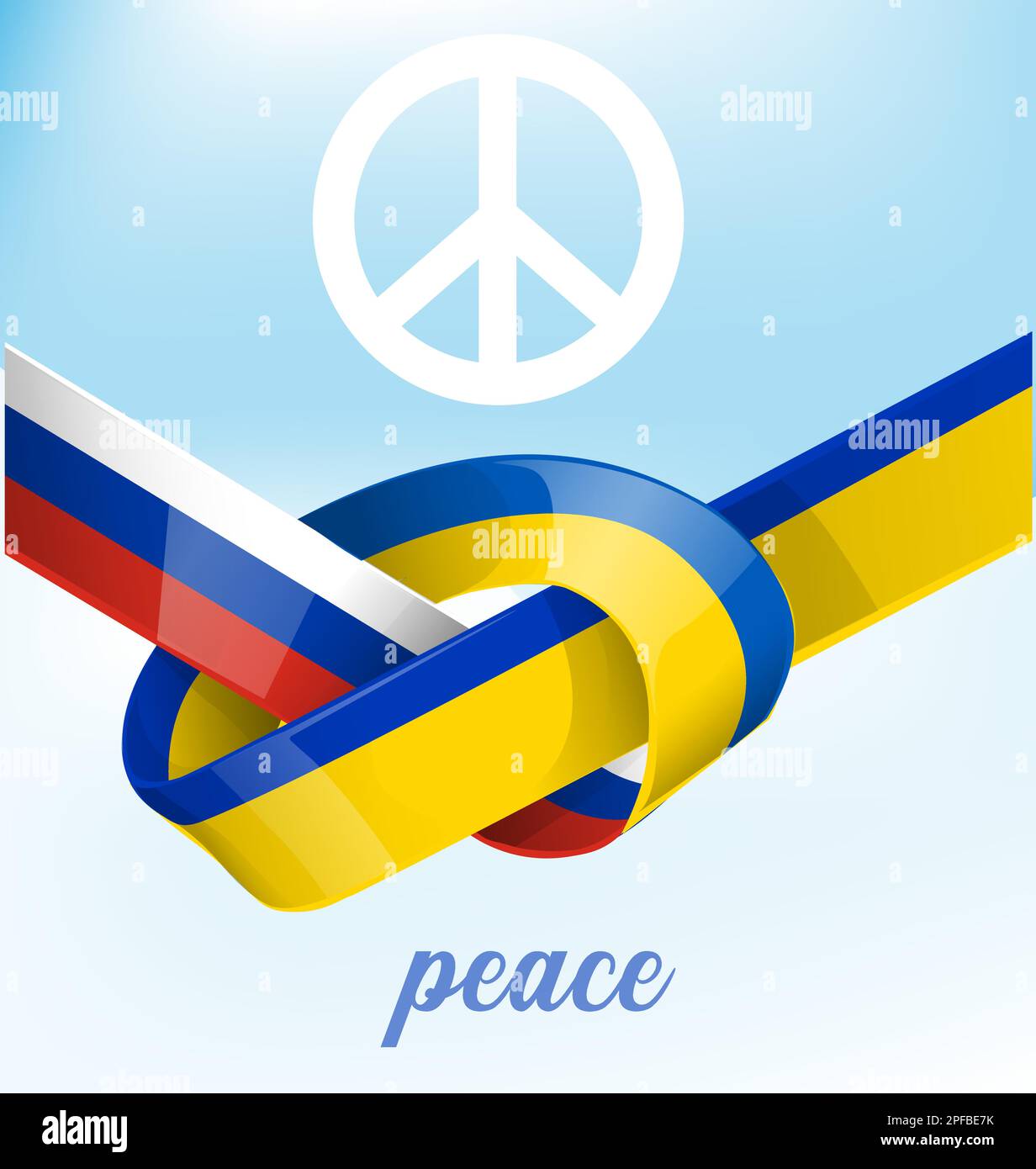 Ukraine and Russia flag ribbon on sky background with peace symbol ...