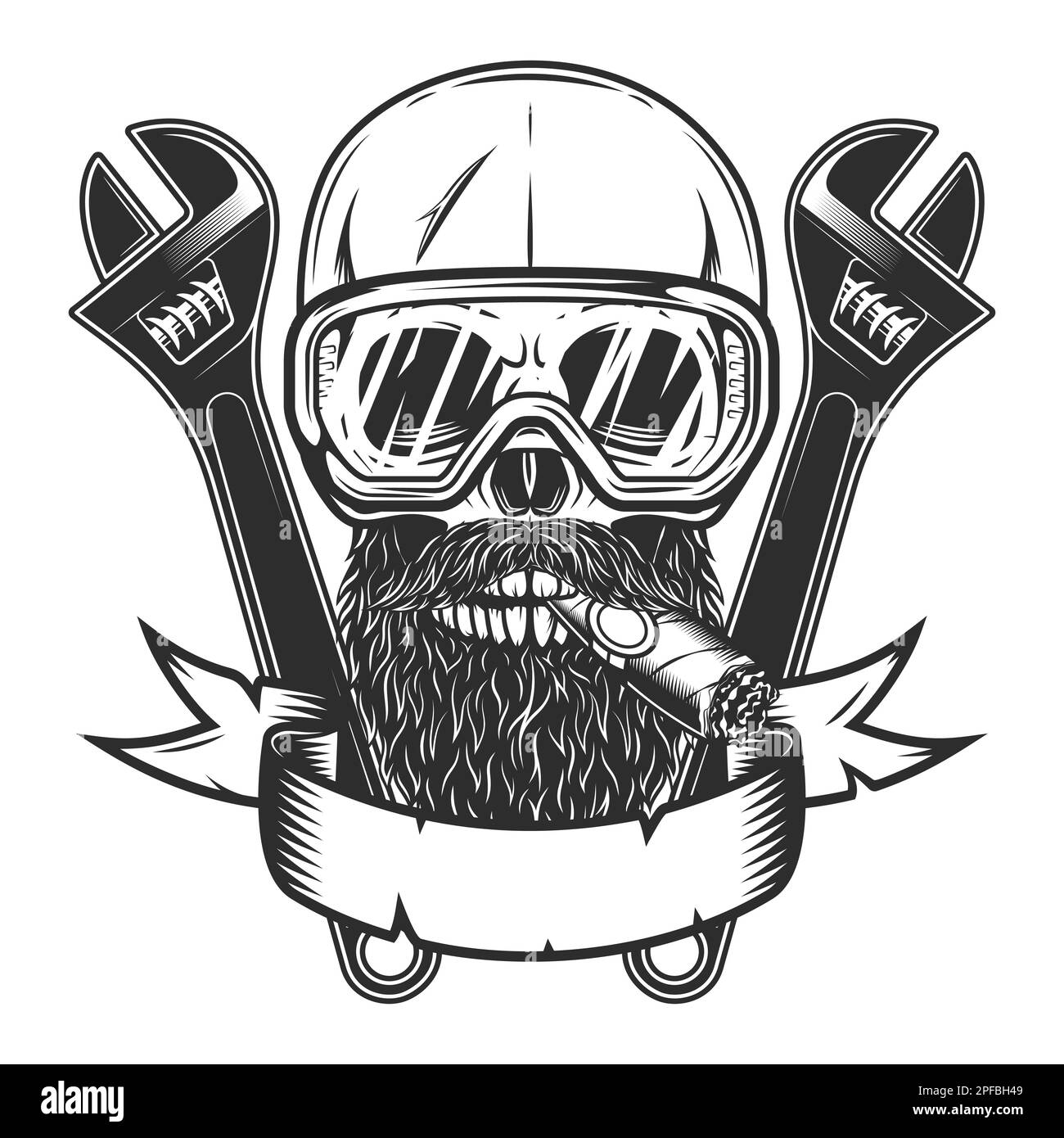 Skull smoking cigar or cigarette with mustache and beard in safety ...