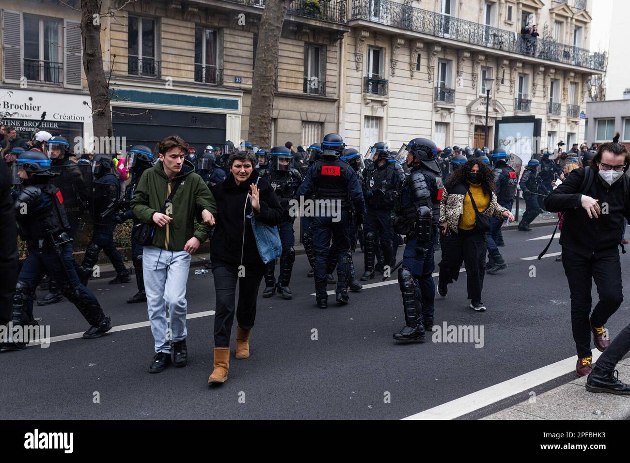Paris, France. 15th Mar, 2023. Police officers seen dispersing a group ...