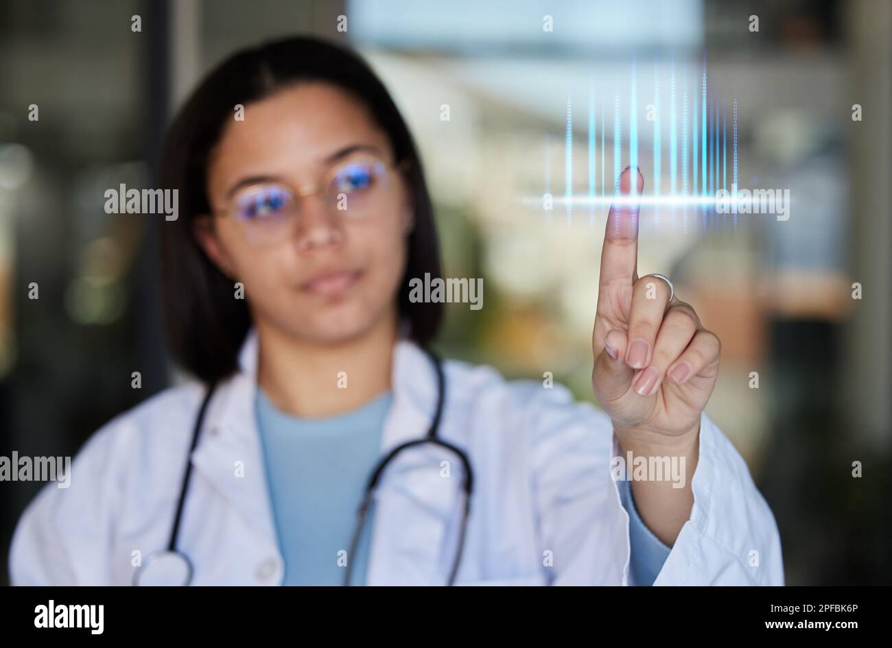 Digital medical info, data overlay and woman doctor pointing to ...