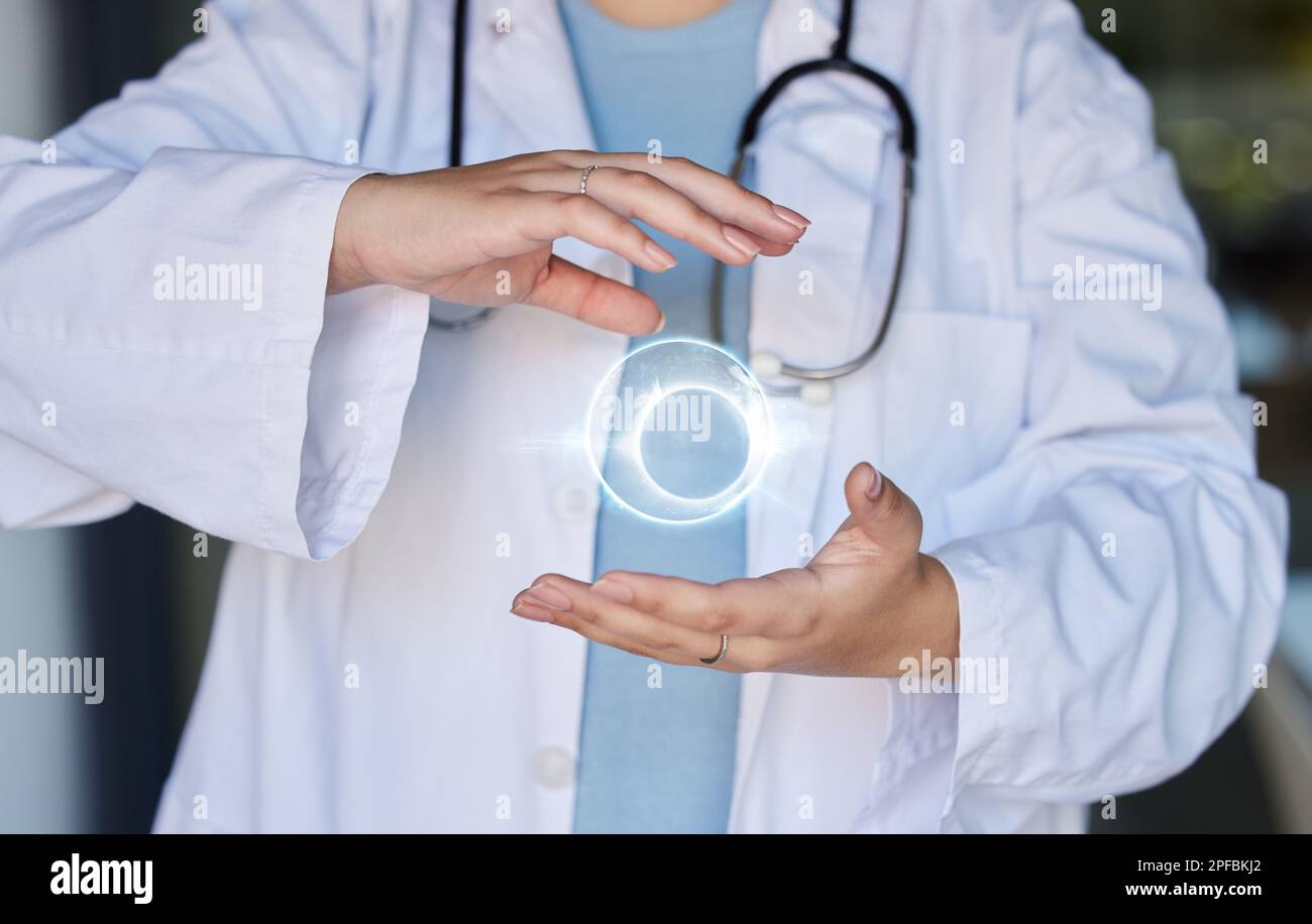 Healthcare, futuristic hologram and hands of doctor with AI, 3d world ...