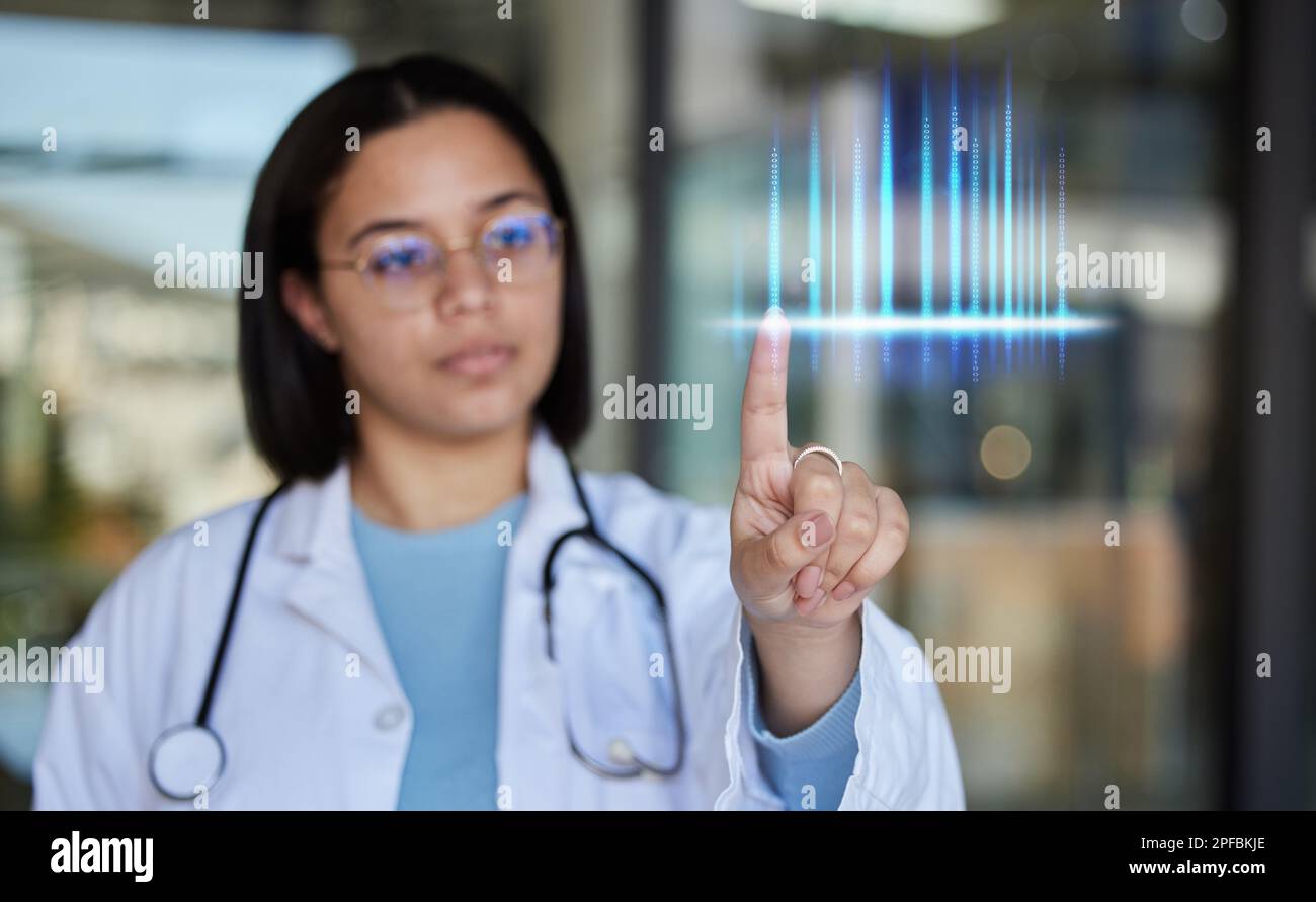 Doctor hand, futuristic chart and finger of healthcare employee with hospital stats or analytics ...