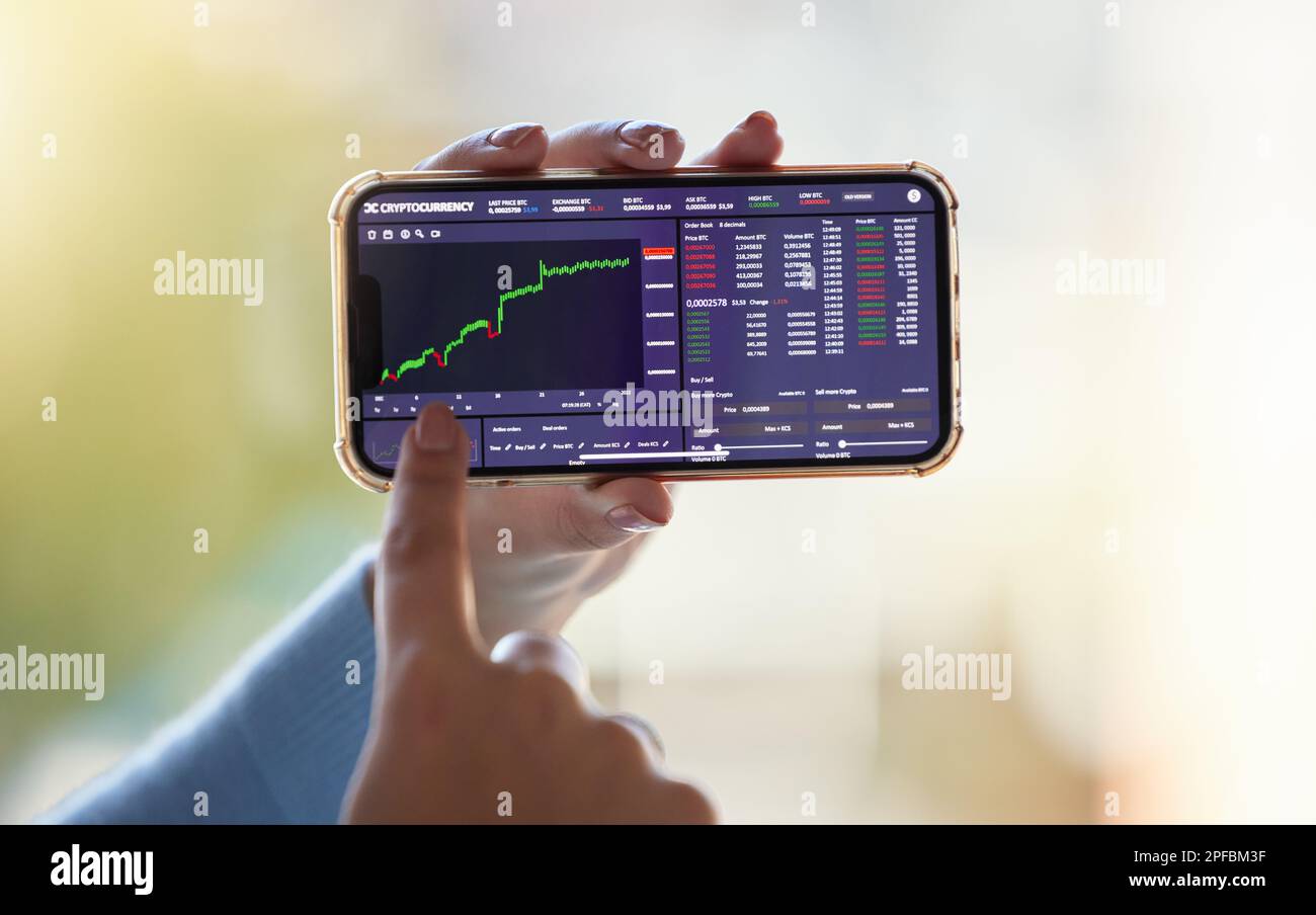 Stock market, chart and phone screen in hands for crypto app, trading ...