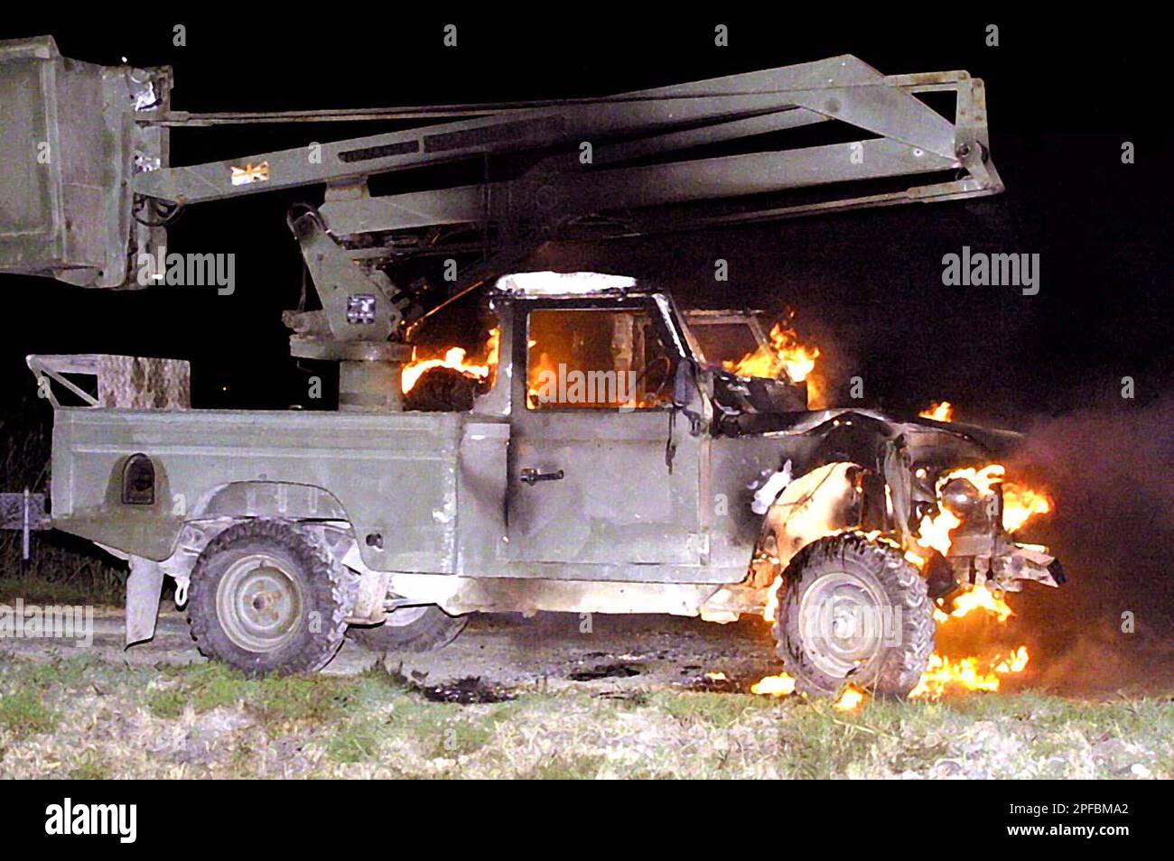 Royal Air Force vehicles burn during rioting at Episkopi-Akrotiri ...