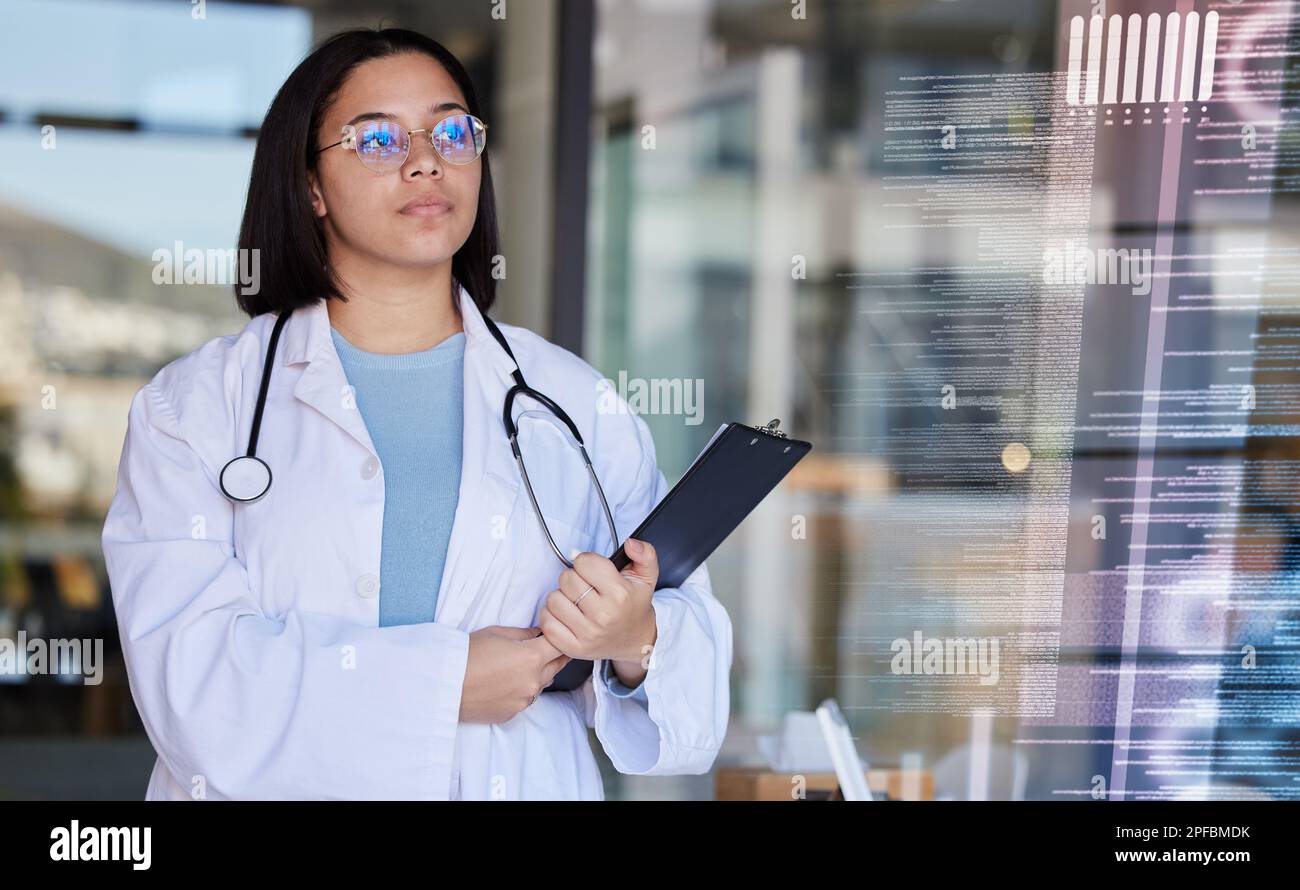 Hospital code graphic, futuristic data and woman healthcare worker with ...