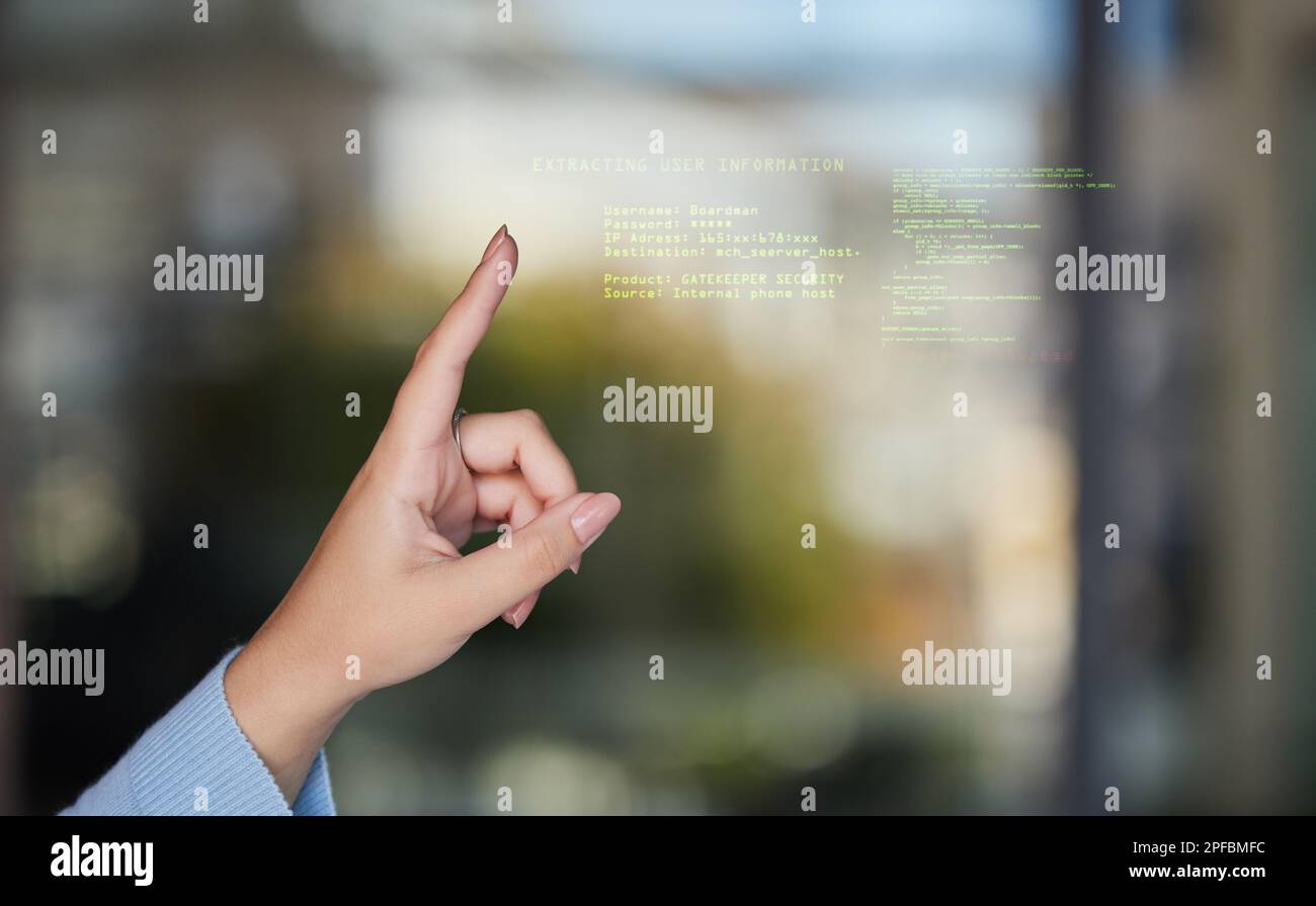 Closeup, hand and finger with code, hologram and programming for futuristic planning, cyber ...