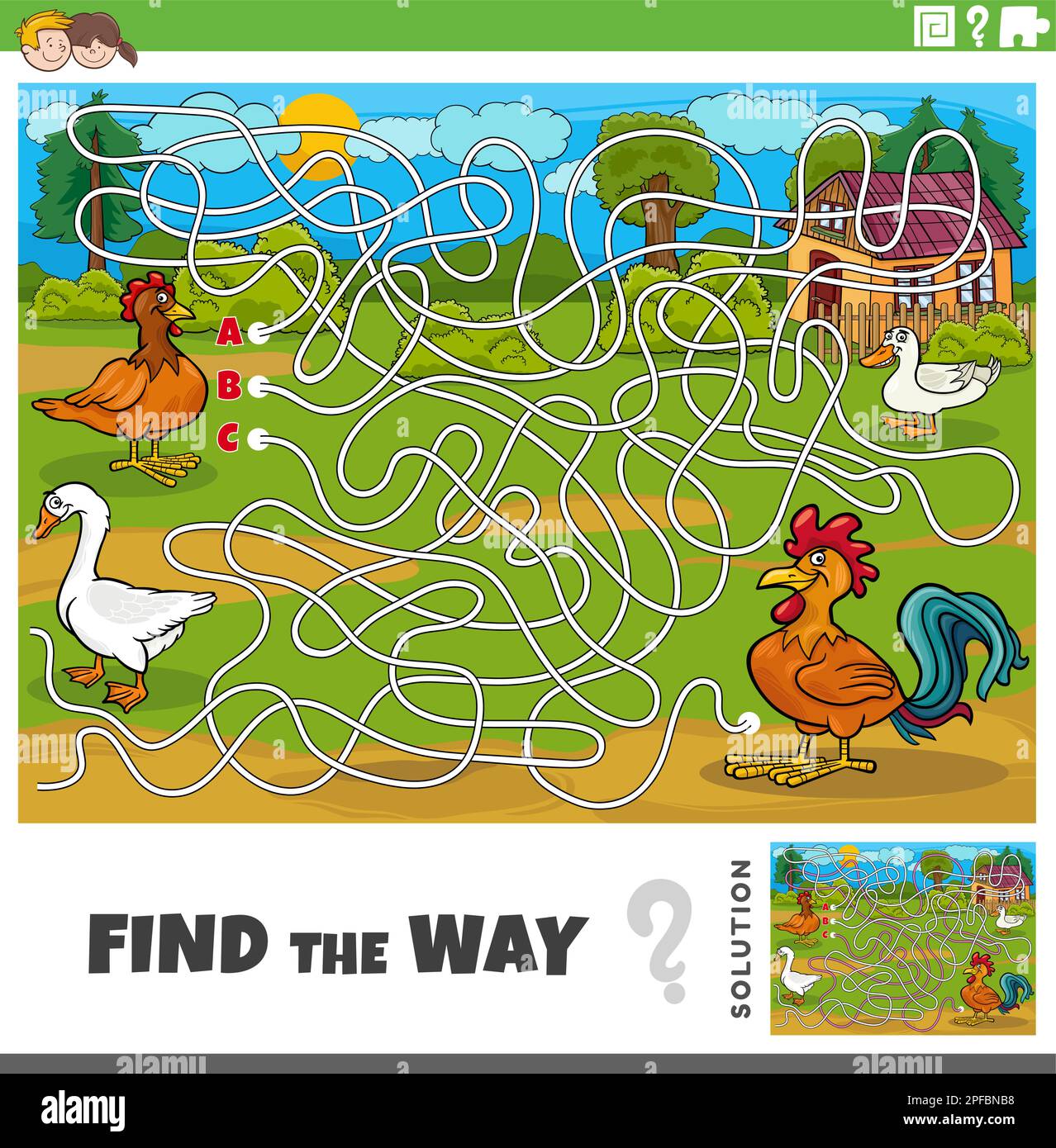 Cartoon illustration of find the way maze puzzle game with funny birds ...