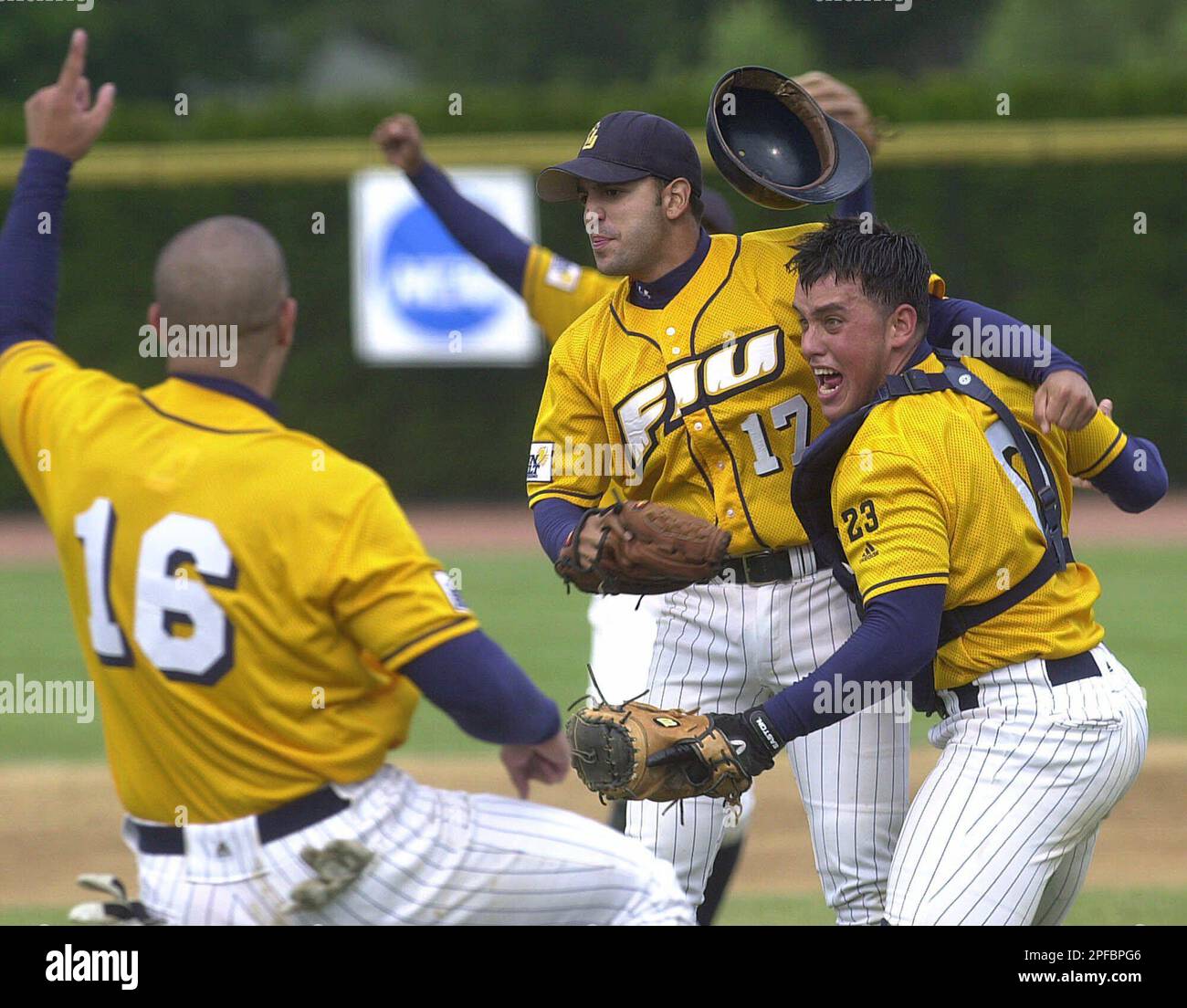 Florida International pitcher William Collazo (17) celebrates with ...
