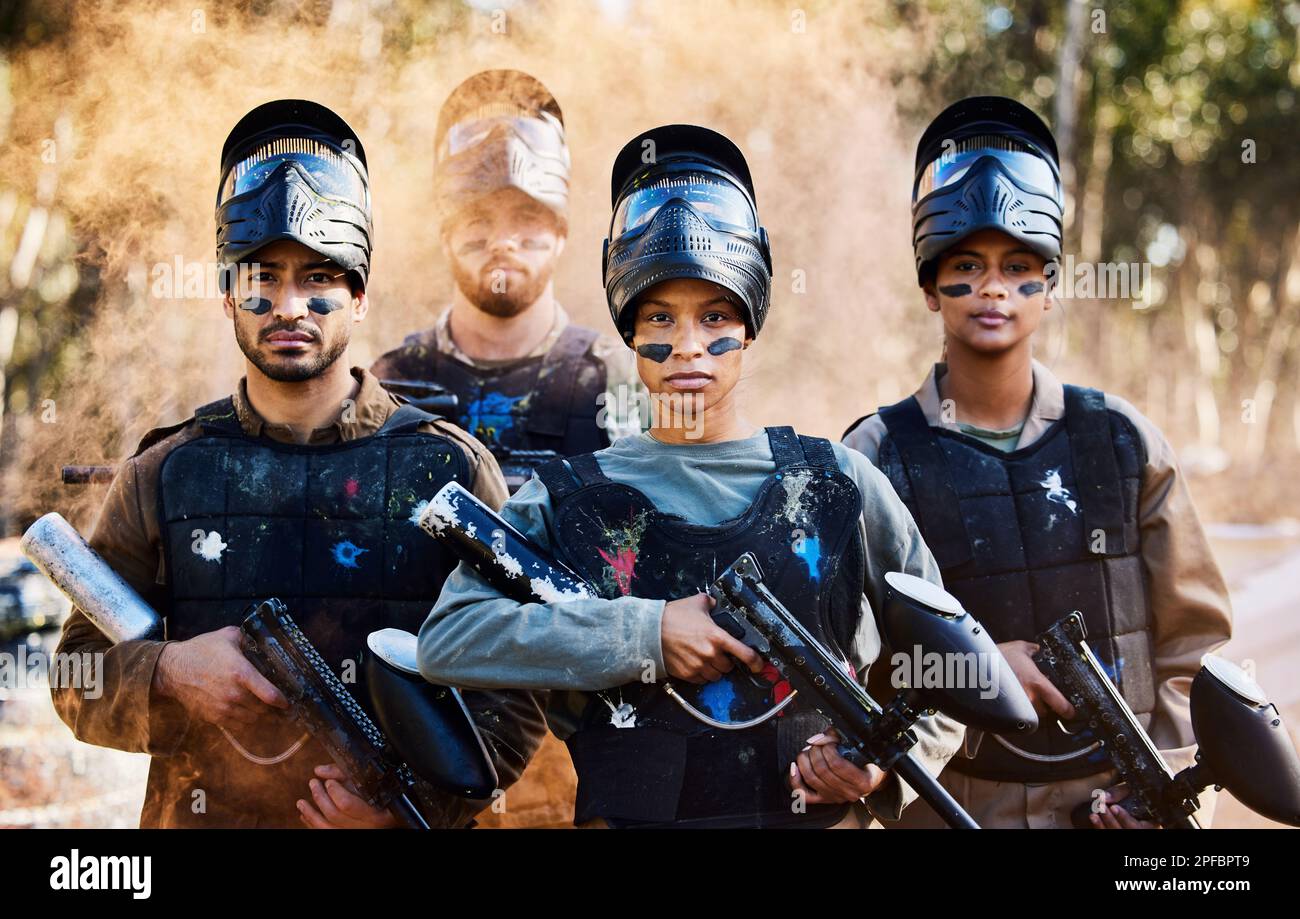 Team, paintball and portrait of army ready for battle, war or intense ...