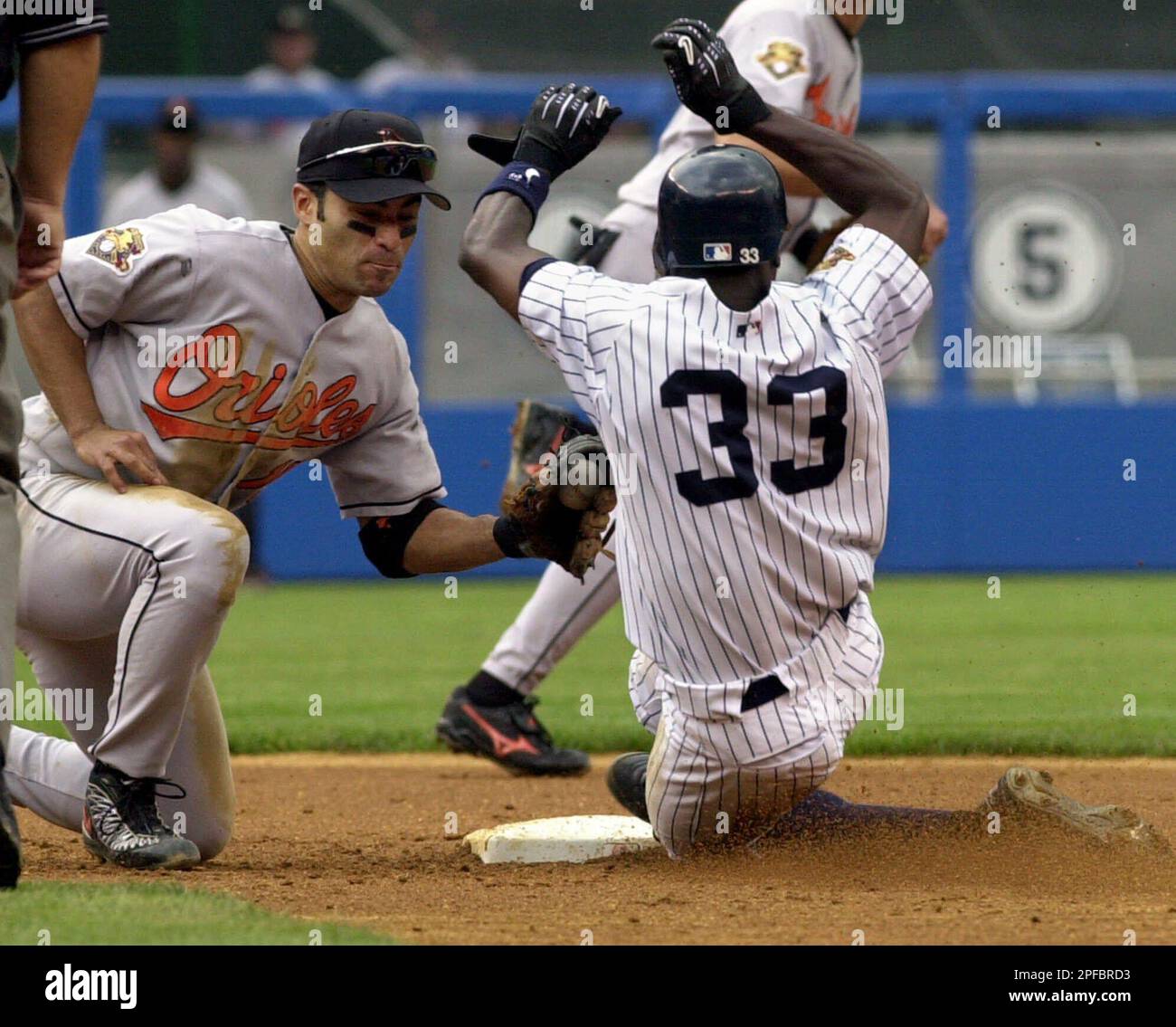 New York Yankees' Alfonso Soriano (33) steals second base as Baltimore ...
