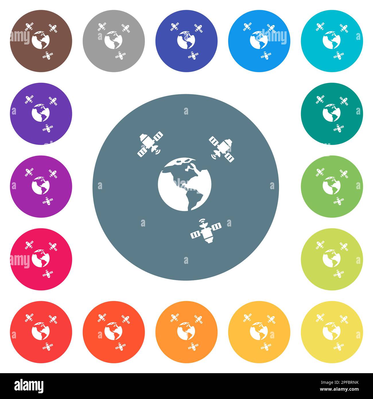 Satellite communication flat white icons on round color backgrounds. 17 background color ...