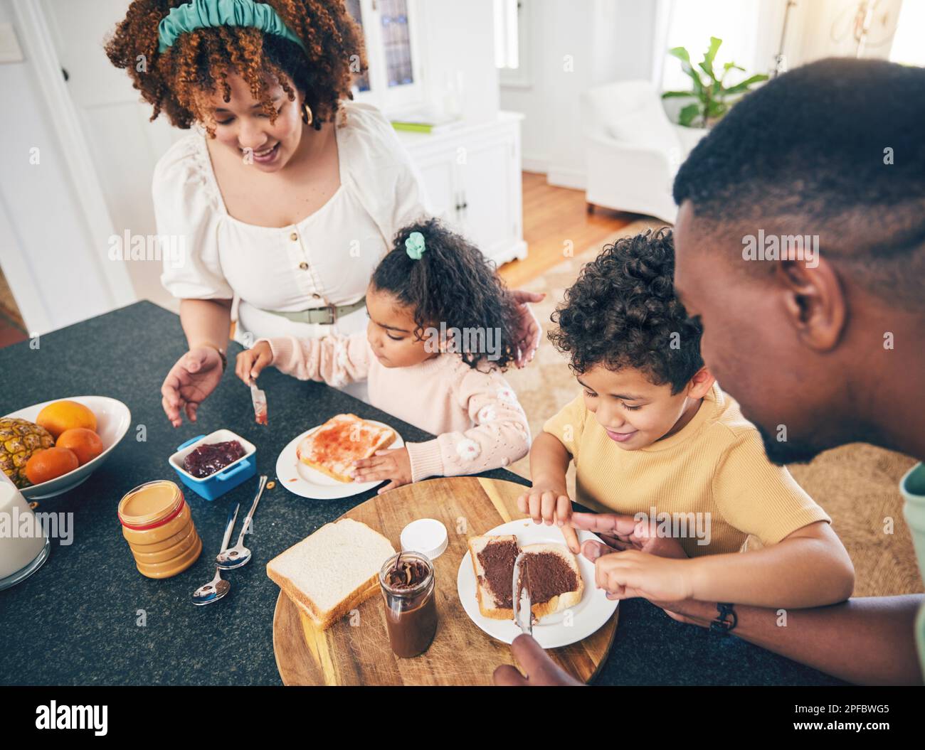 Love, lunch food and black family children, mother and father eating meal, bonding and prepare ...