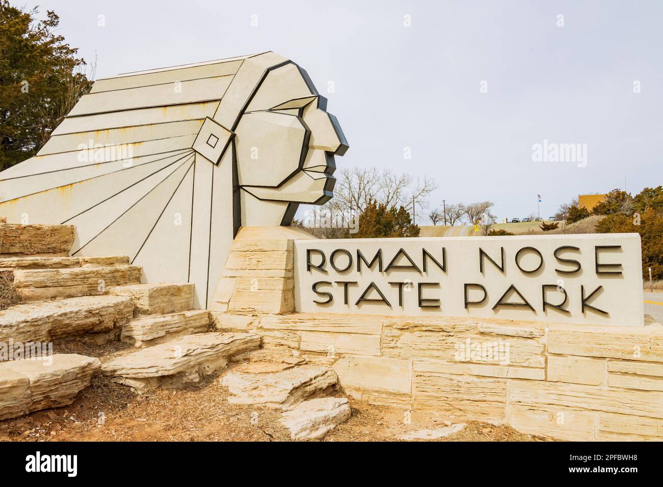 Oklahoma, FEB 13 2023 - Sunny view of the entrance sign of Roman Nose ...