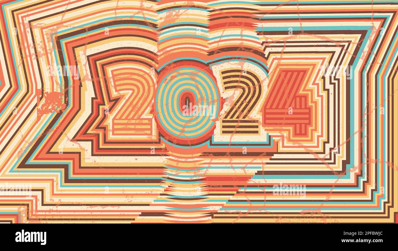 2024 New Year card. Retro 70s striped style. Old faded striped ...