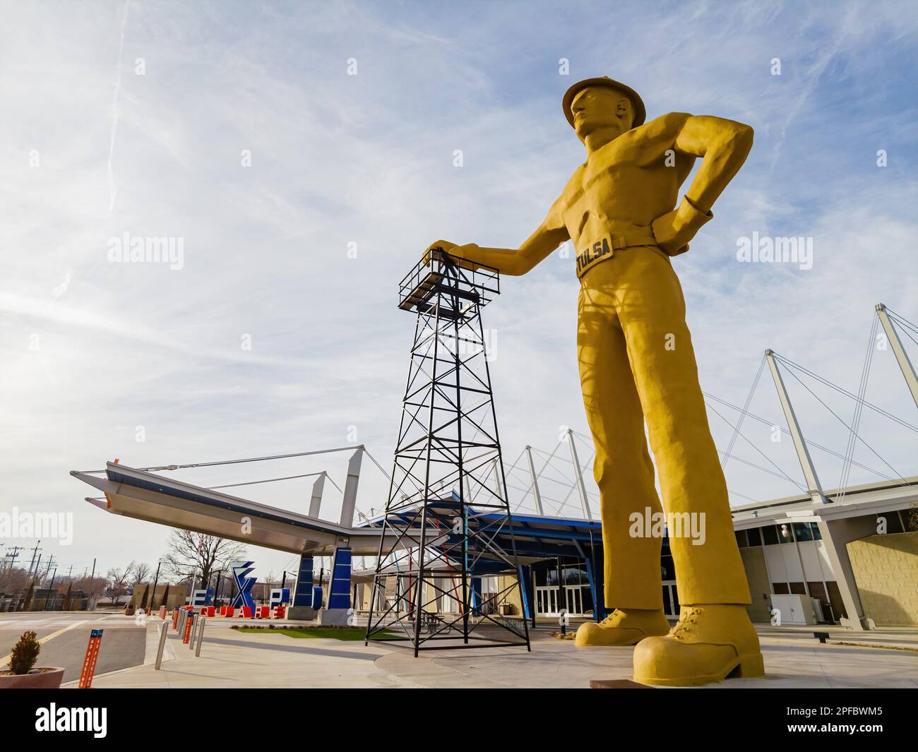 Oklahoma, MAR 1 2023 - Sunny exterior view of the Golden Driller Statue ...
