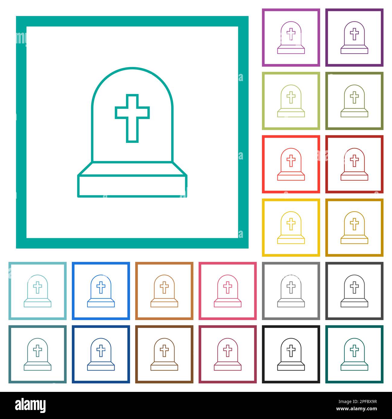 Tombstone with cross outline flat color icons with quadrant frames on ...