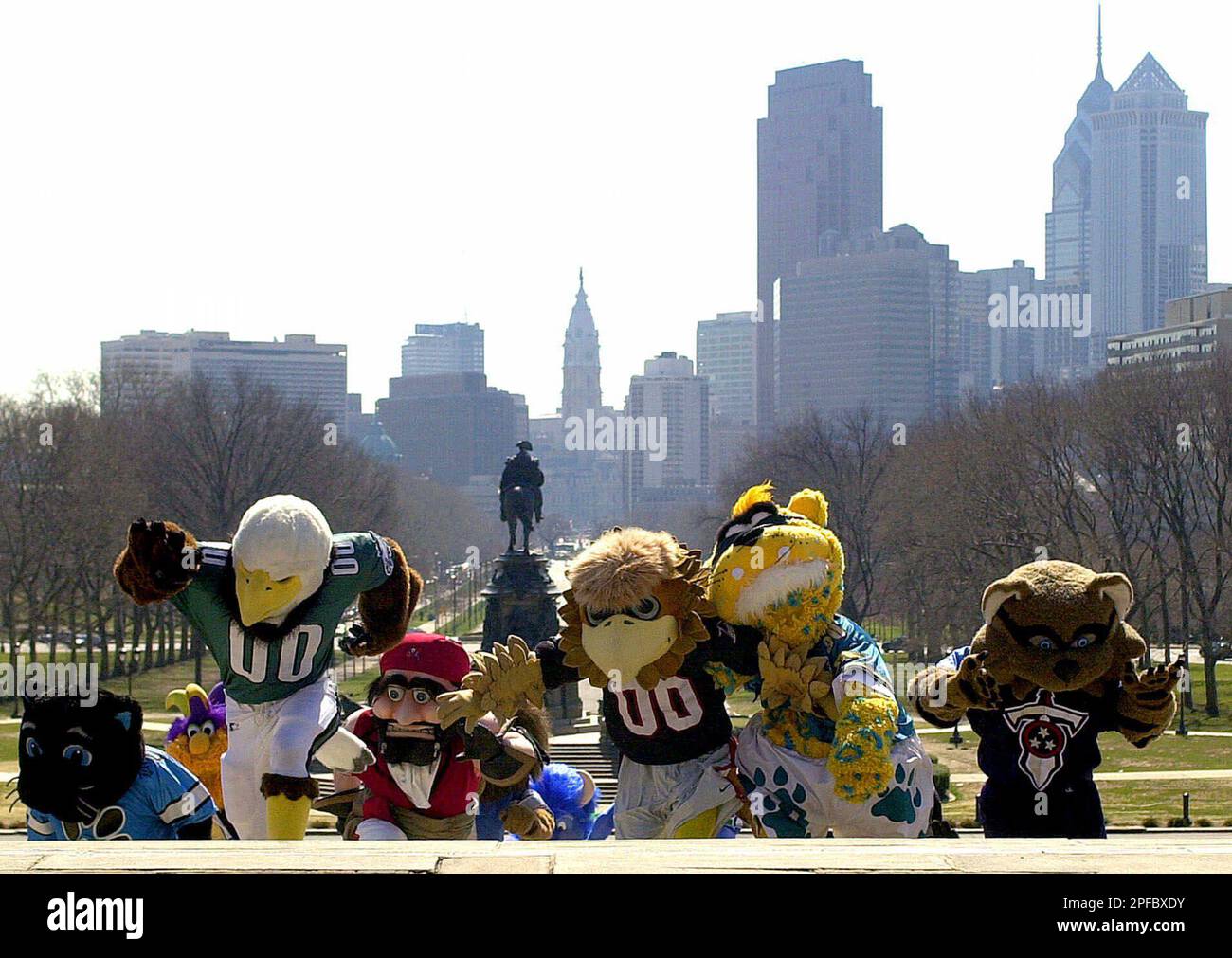 NFL Mascots run up the steps of the Philadelphia Art Museum Wednesday ...