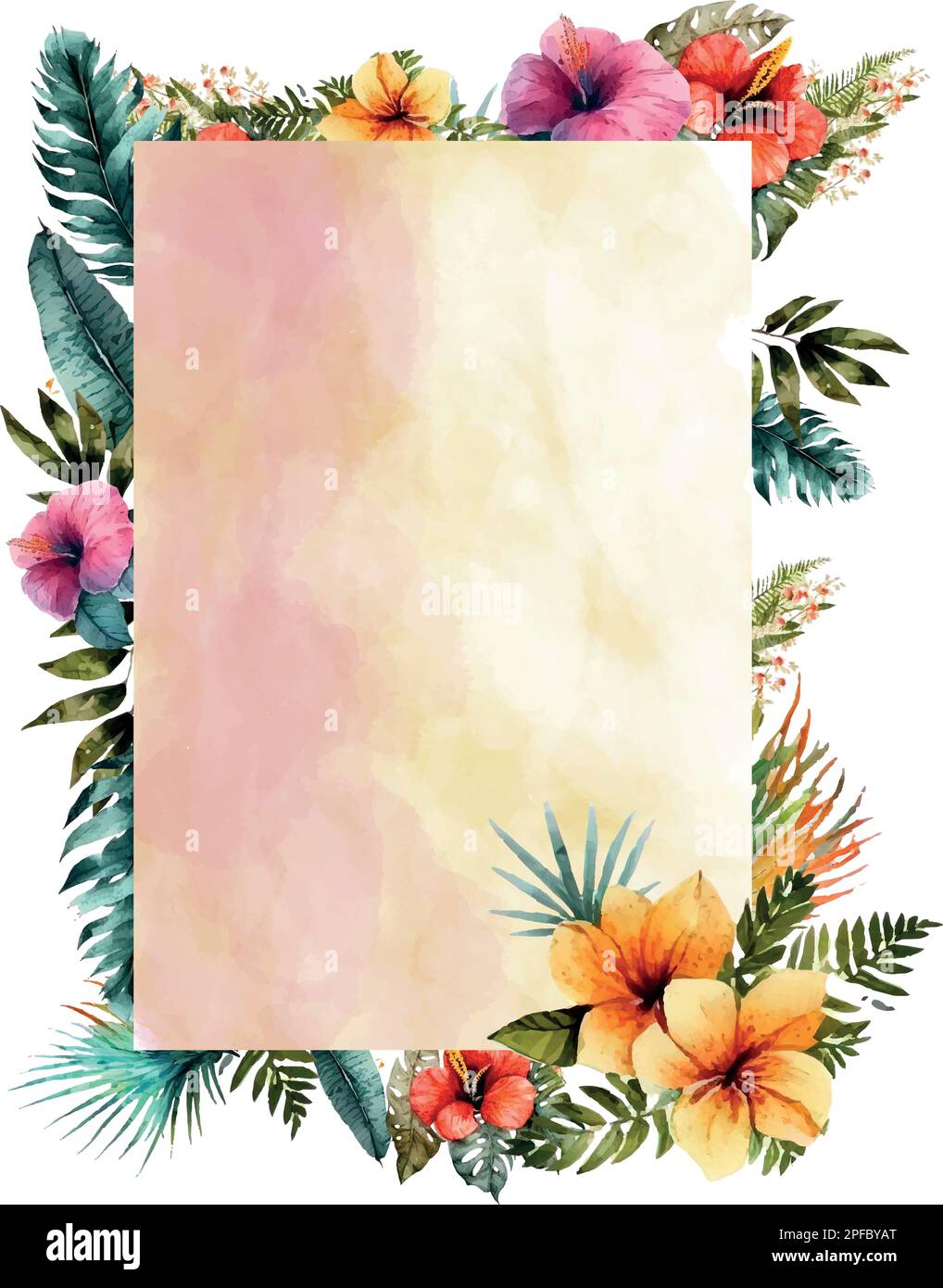 Vector Watercolor floral illustration frame, Tropical flowers, green ...