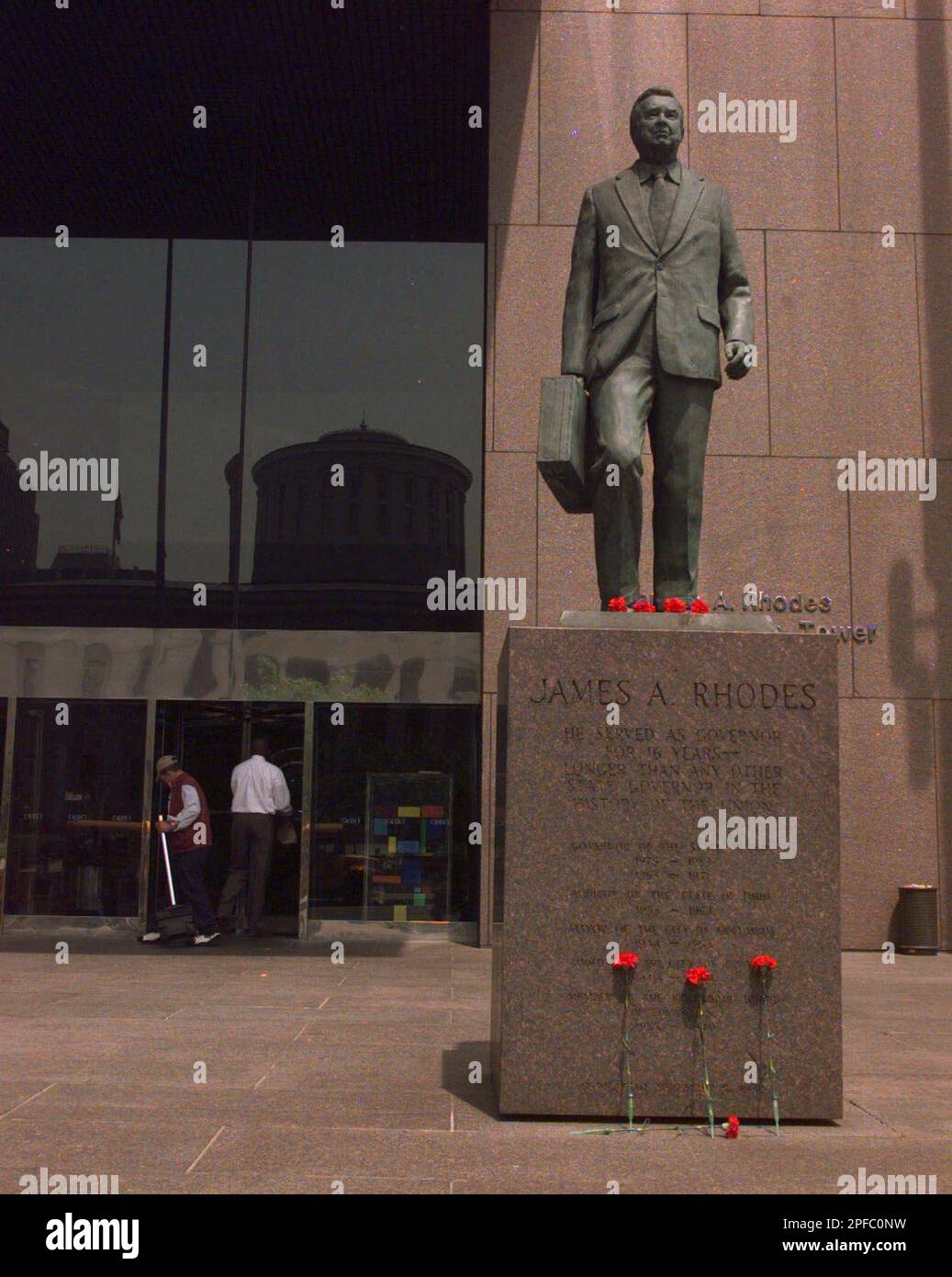 The statue of former Ohio Gov. James Rhodes, who died Sunday, is shown ...