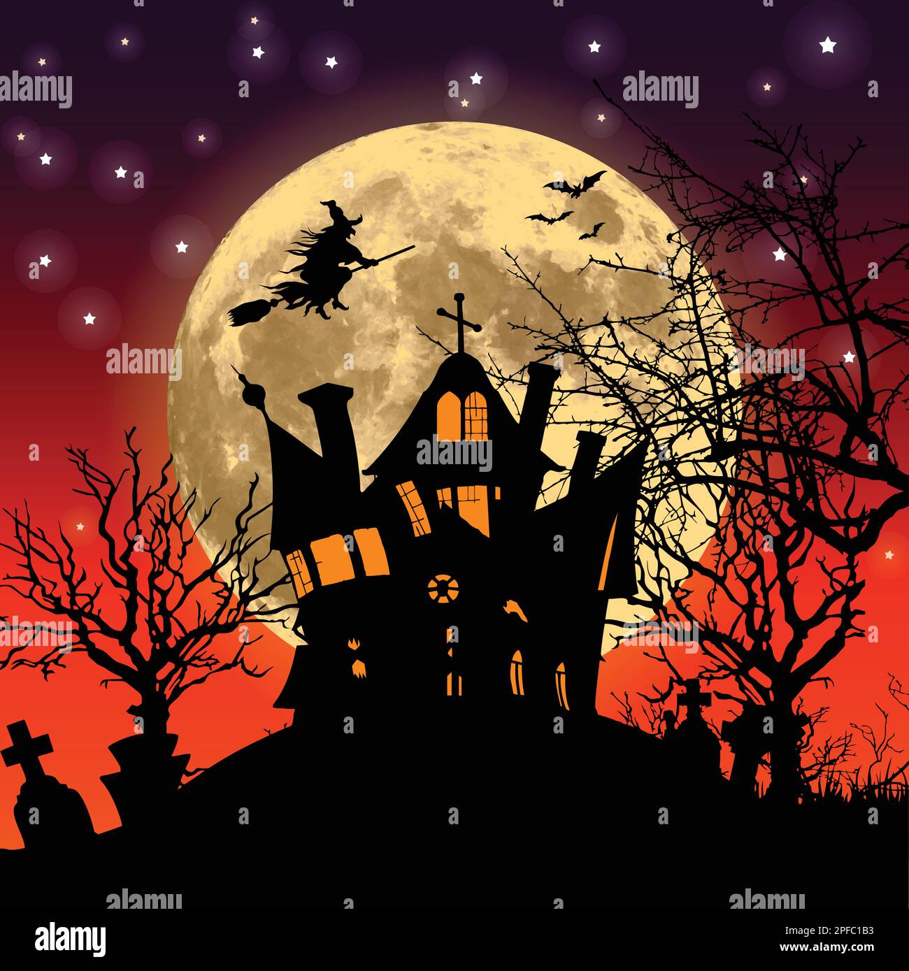 Haunted halloween house with flying bats and witch moonlit night abouve ...