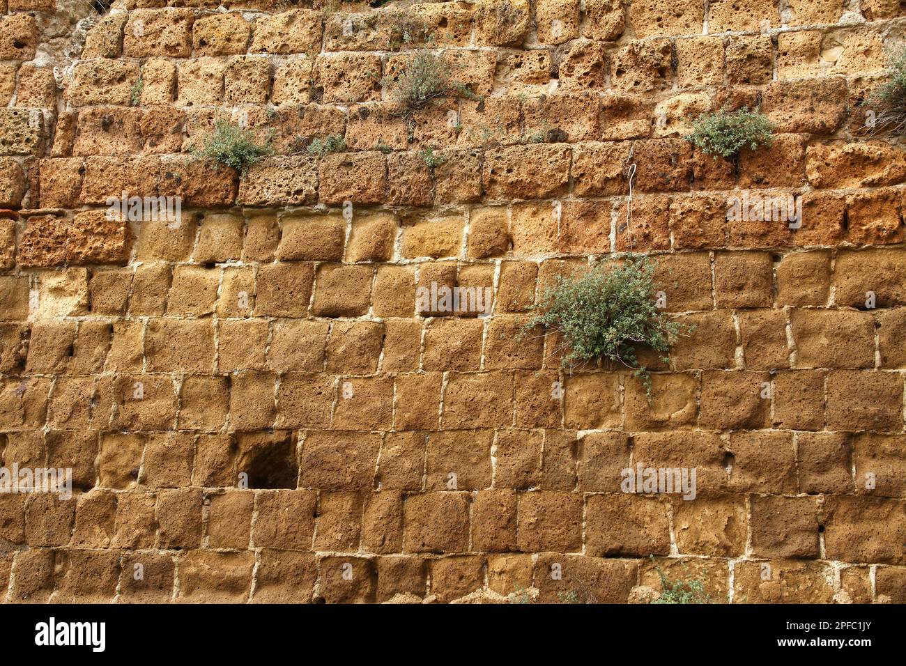 Close up of the mighty wall of volcanic limestone of the Rocca ...