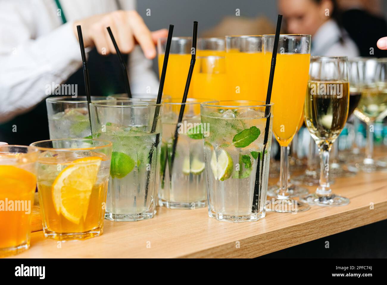 Cocktails in the bar. Close-up of a group of glasses with drinks on the ...