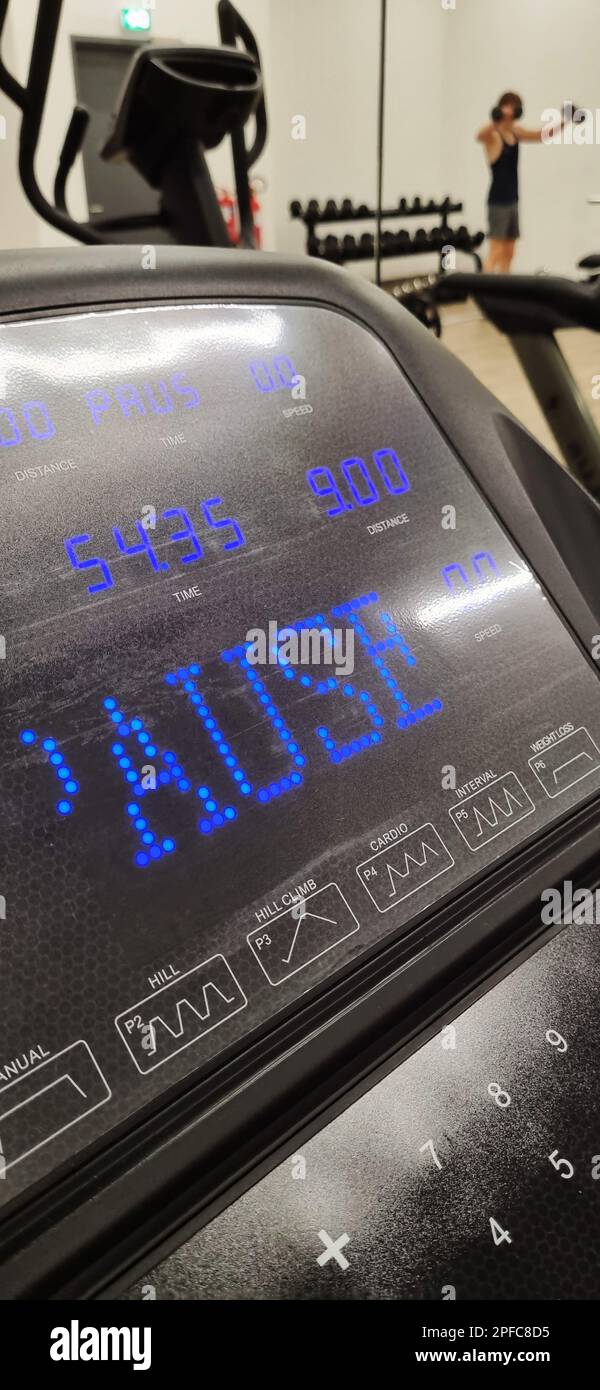 Shot of the display of the treadmill in the gym Stock Photo - Alamy