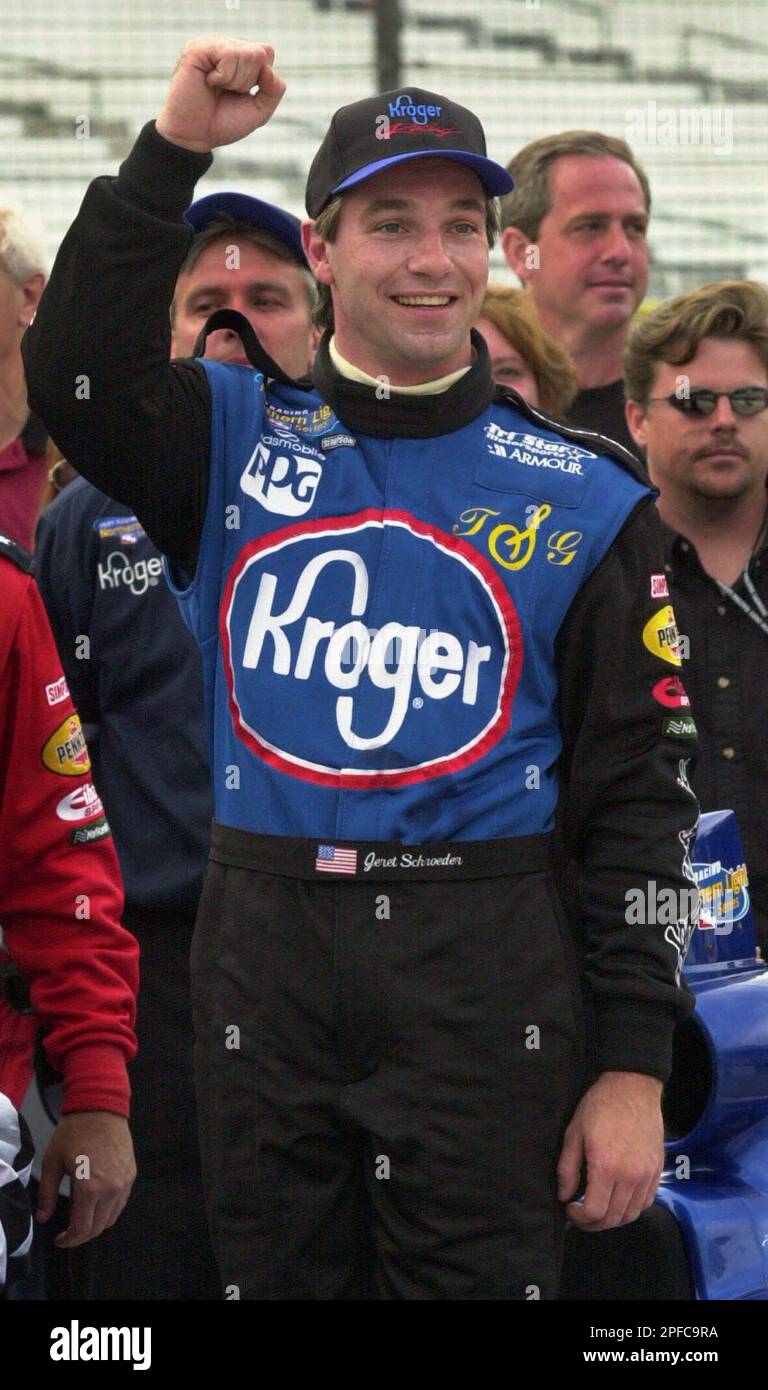 Indy car driver Jeret Schroeder of Vineland, N.J. celebrates towards ...