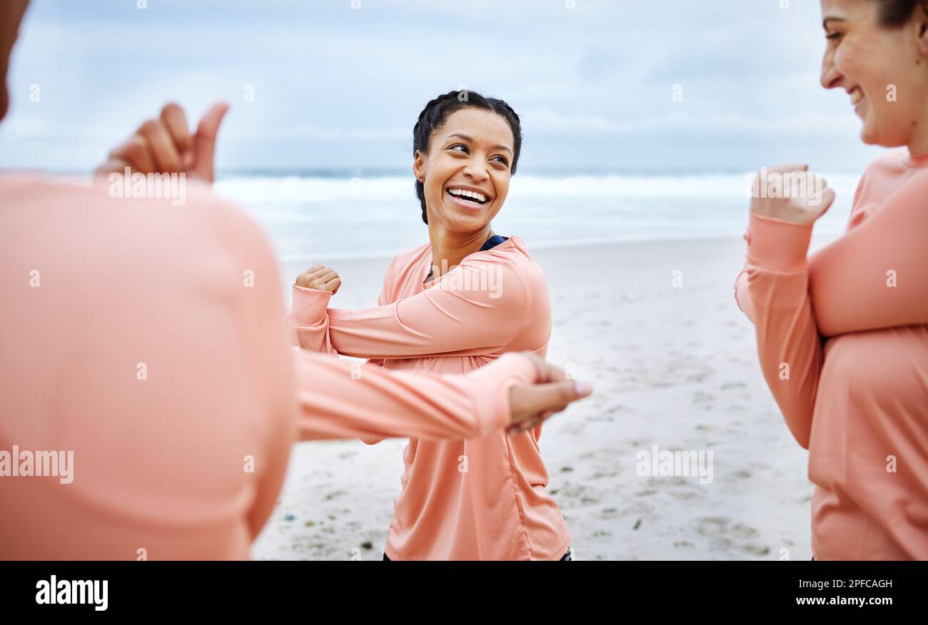 Volleyball, smile and women stretching on beach excited to play match ...