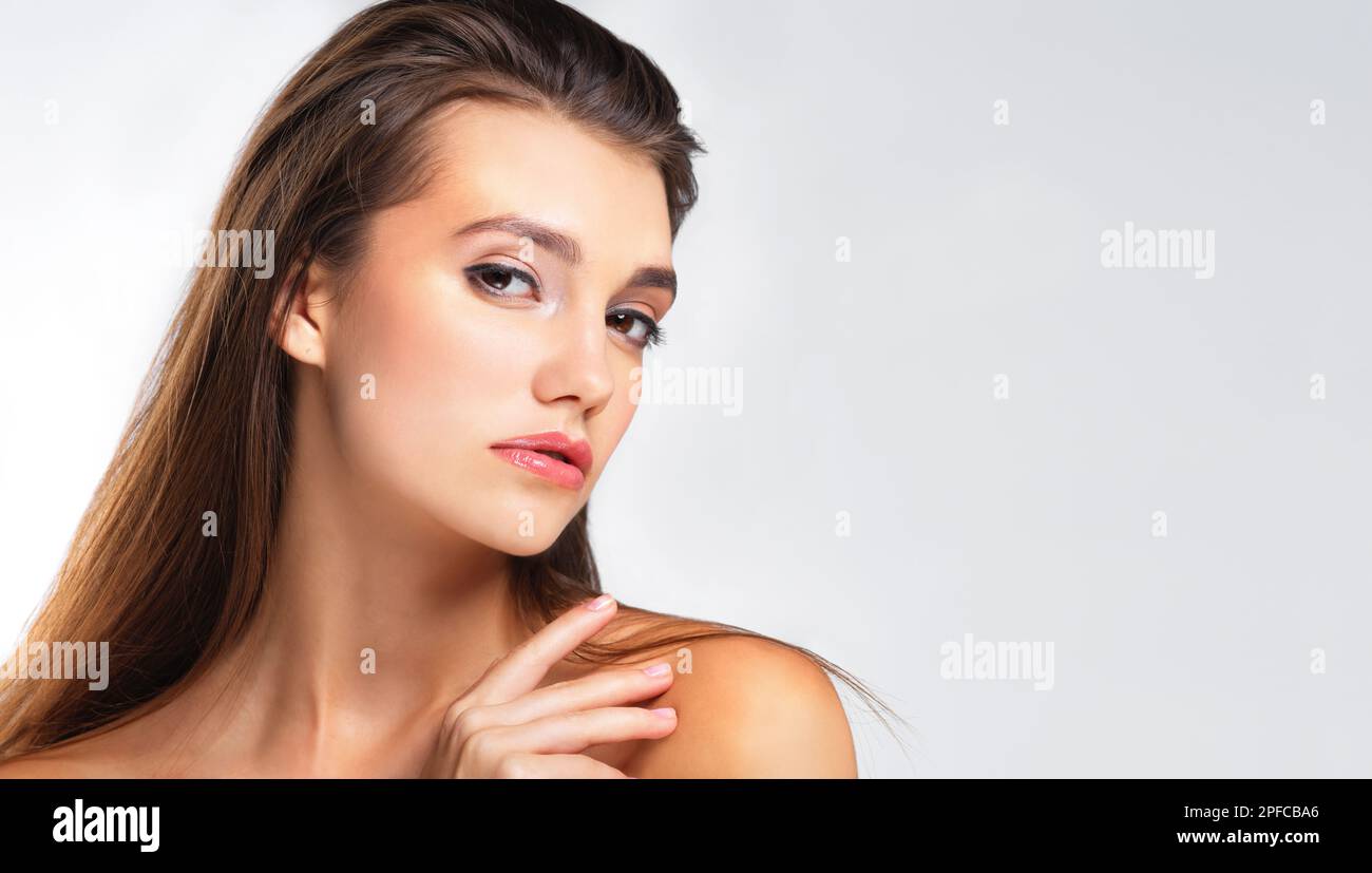 Woman, beauty portrait and mockup with makeup, cosmetics and natural ...