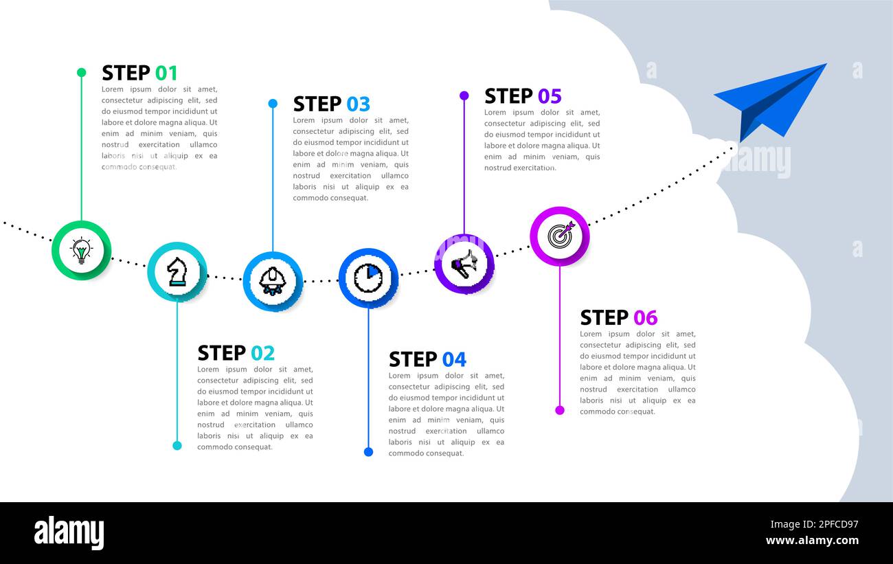 Infographic template with icons and 6 options or steps. Paper plane. Can be used for workflow ...