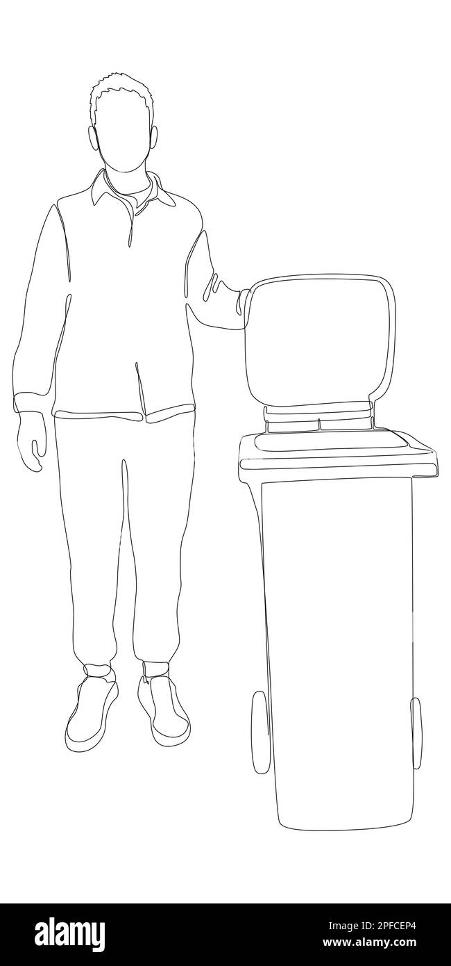 One continuous line of man with garbage bin. Thin Line Illustration ...