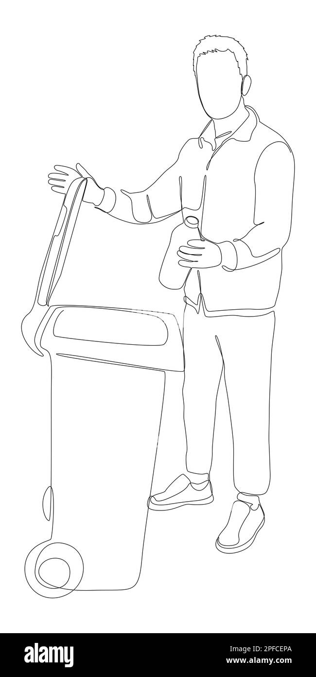 One continuous line of man with garbage bin. Thin Line Illustration ...