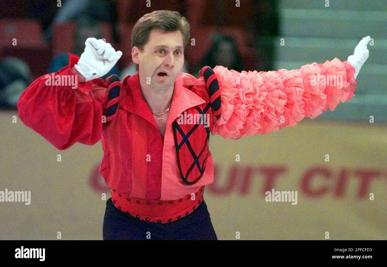 Victor Petrenko of the Ukraine clowns around during the men's technical ...