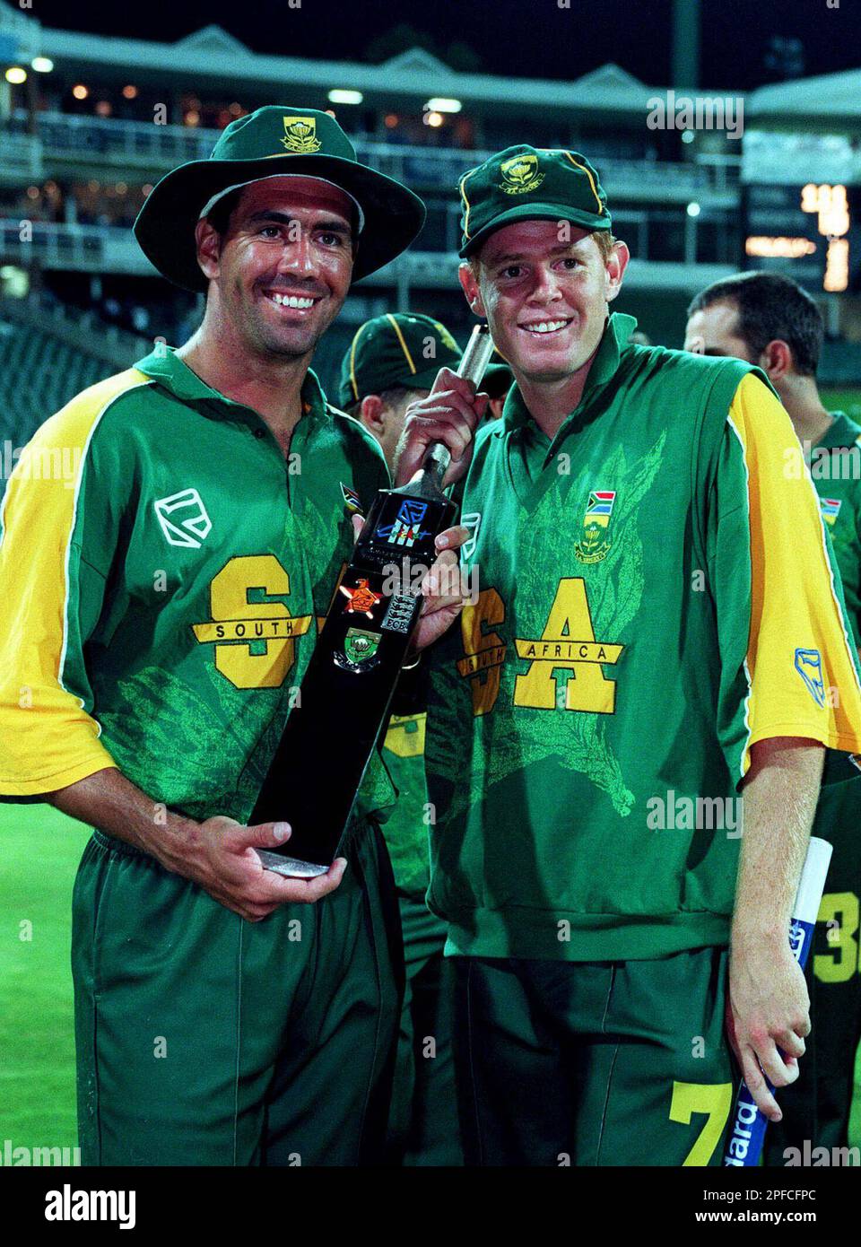 South African captain Hansie Cronje, left, and Man of the Series Shaun Pollock, with the winners ...